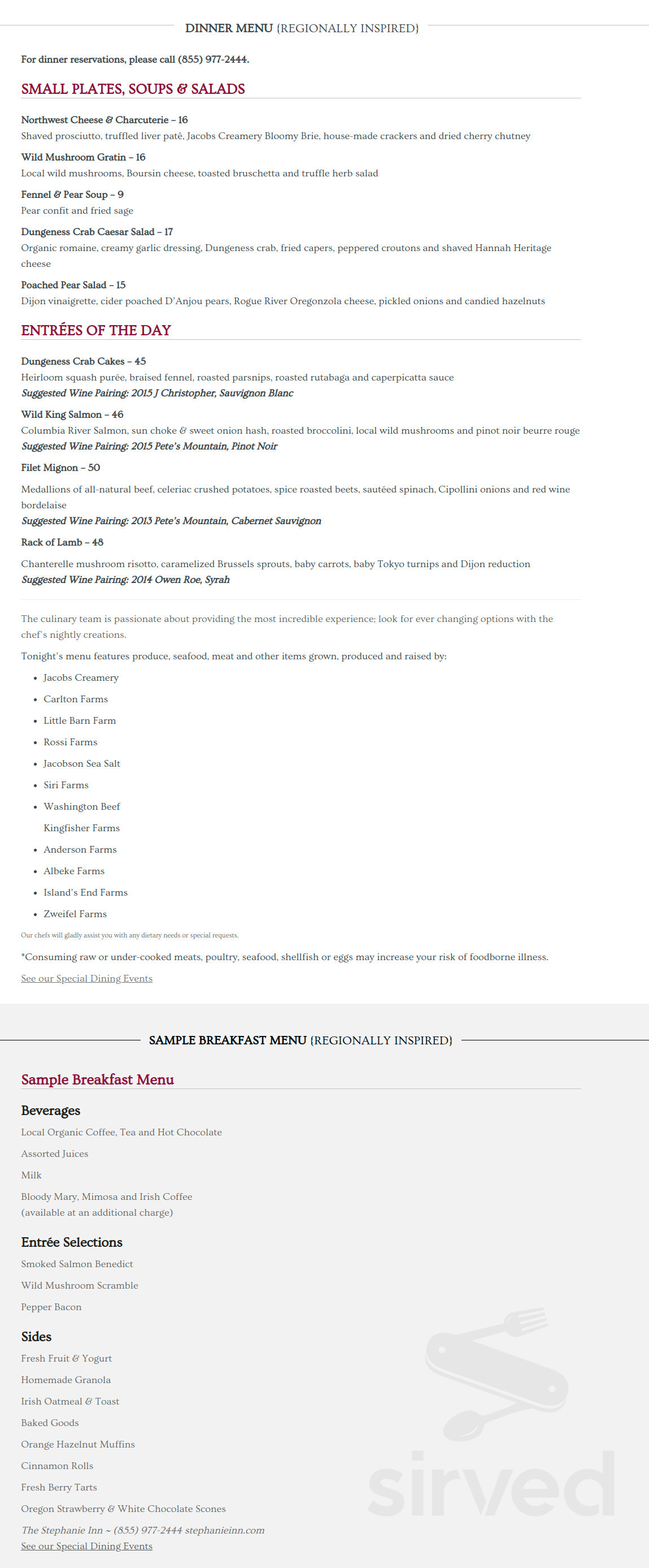 Menu for Stephanie Inn & Dining Room in Cannon Beach, OR | Sirved