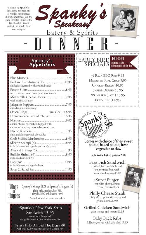 Spanky's Speakeasy menu in Naples, Florida, USA