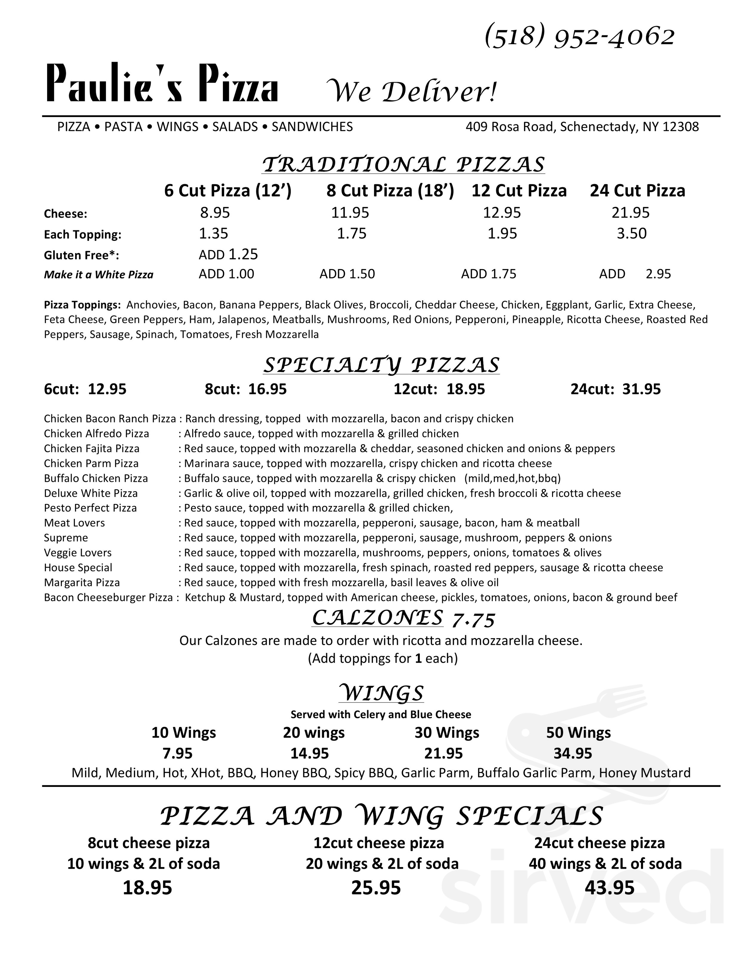 Menu for Paulie's Pizza of Schenectady in Schenectady, NY | Sirved