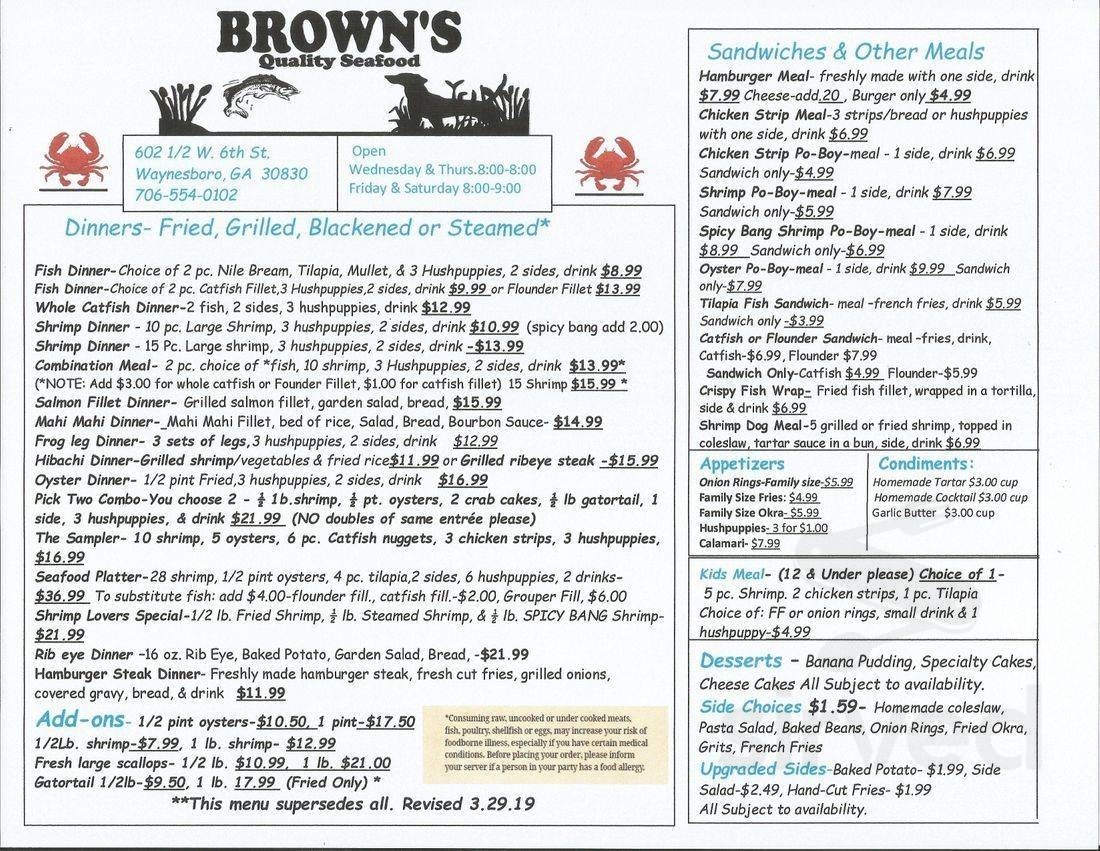Menu for Brown's Quality Seafood in Waynesboro, GA | Sirved