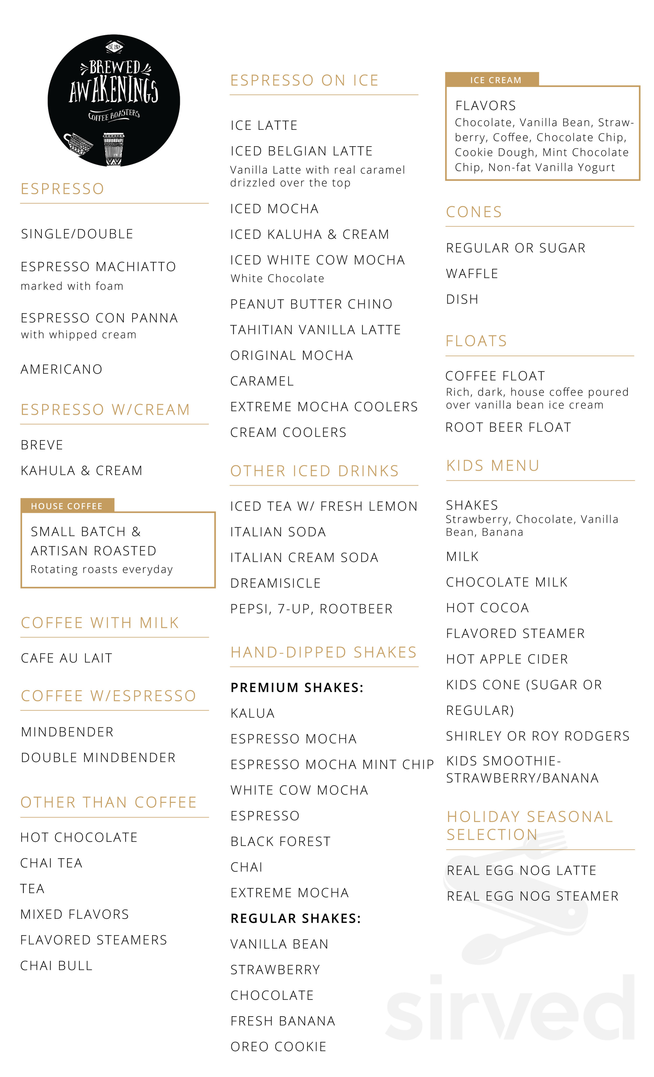 Menu for Brewed Awakenings Coffee Roasters in Vancouver, WA | Sirved