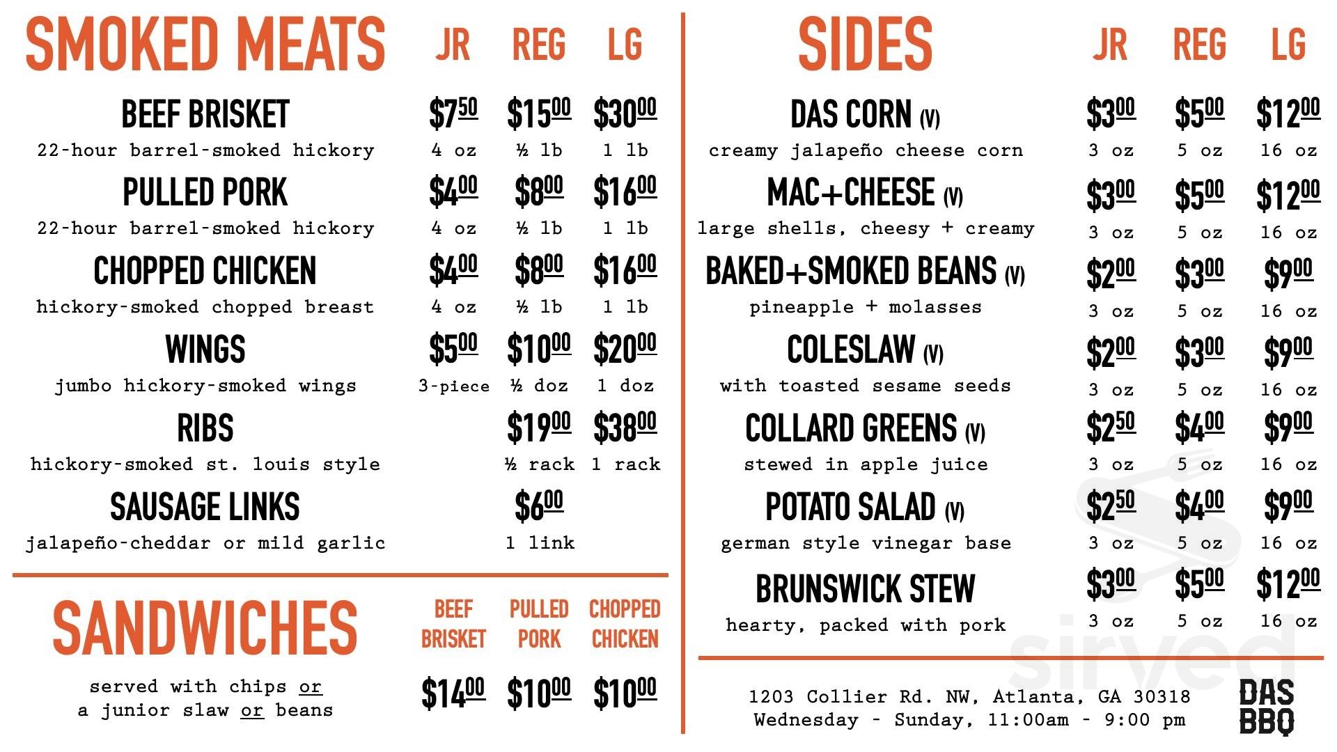 DAS BBQ Grant Park menu in Atlanta, Georgia, USA