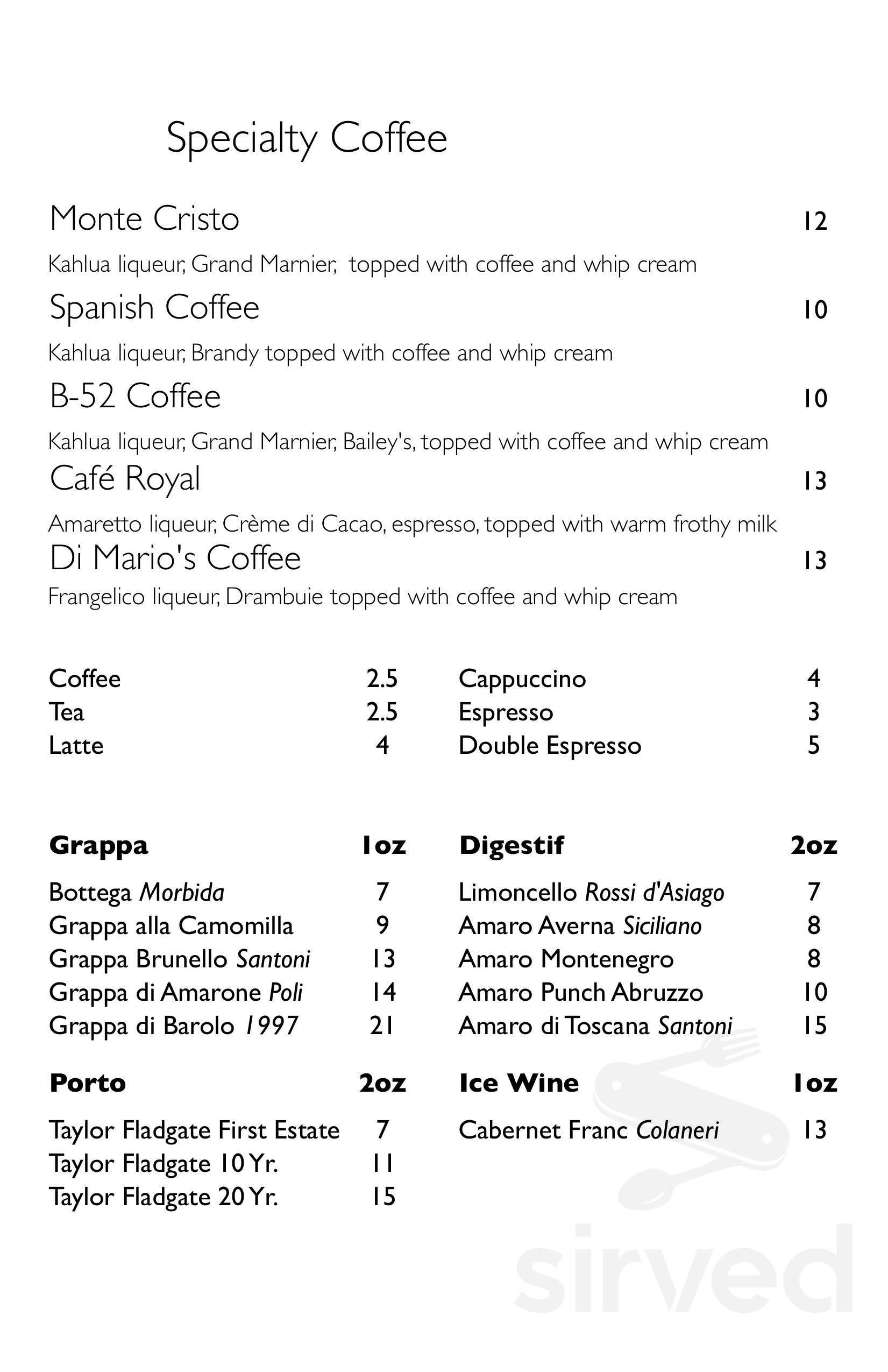Di Mario's Trattoria menu in Burlington, Ontario, Canada
