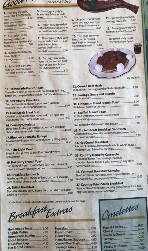 Miss Lyndonville Diner menu in Lyndonville, Vermont, USA