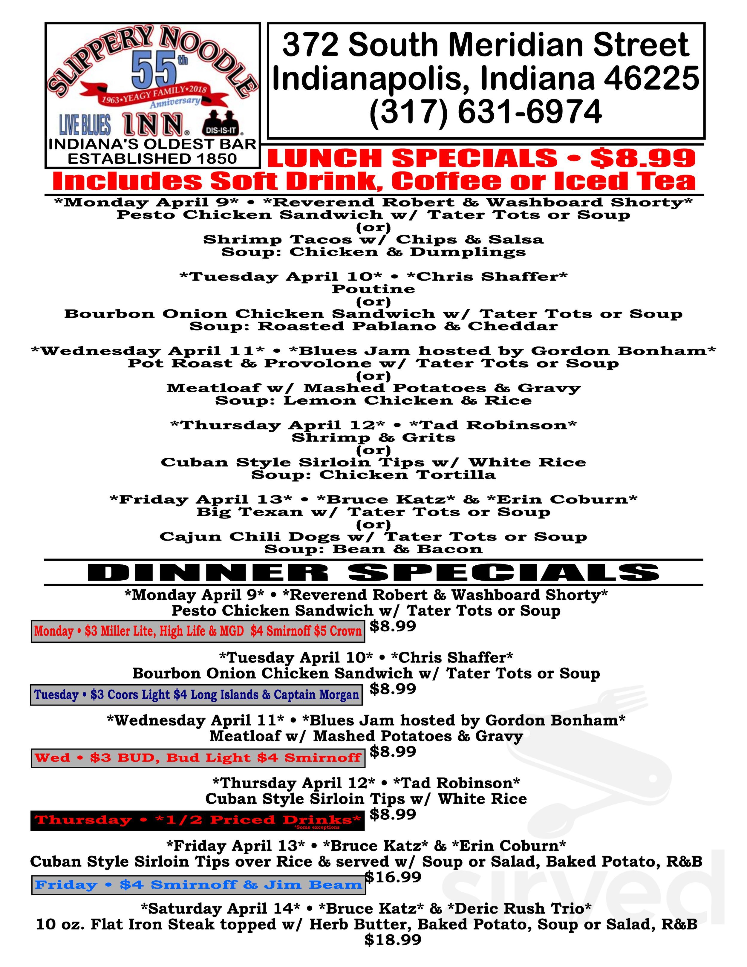 Slippery Noodle Inn menu in Indianapolis, Indiana, USA