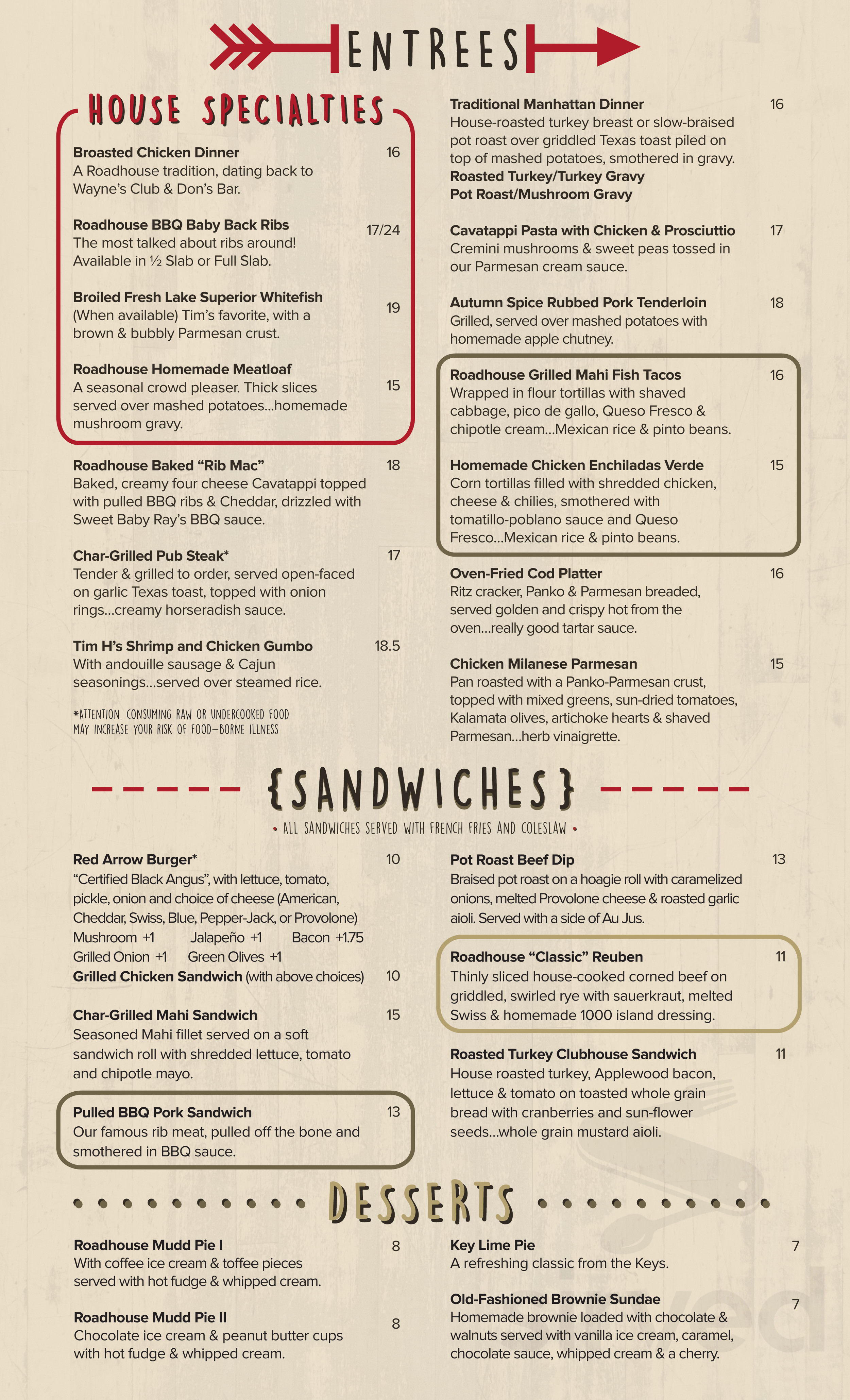 Menu - Union Pier MI's Red Arrow Roadhouse | Sirved