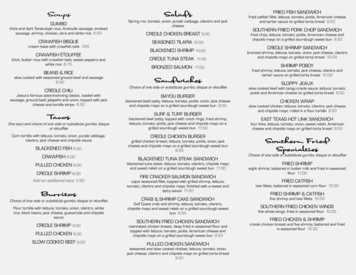 Gumbo Jeaux's menu in Houston, Texas, USA