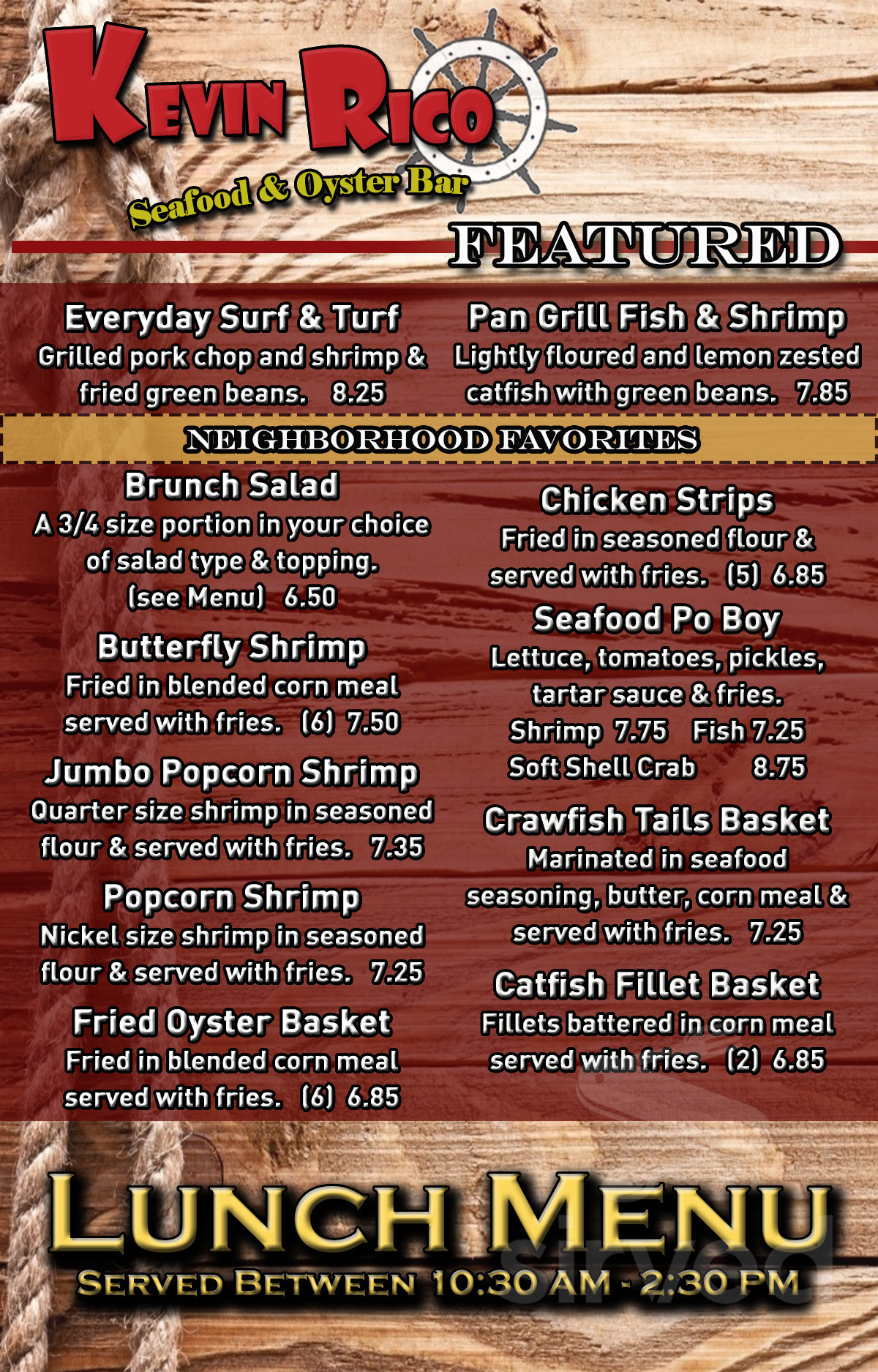 Menu for KEVIN RICO x (Seafood & Oyster Bar) in Port Arthur, TX | Sirved