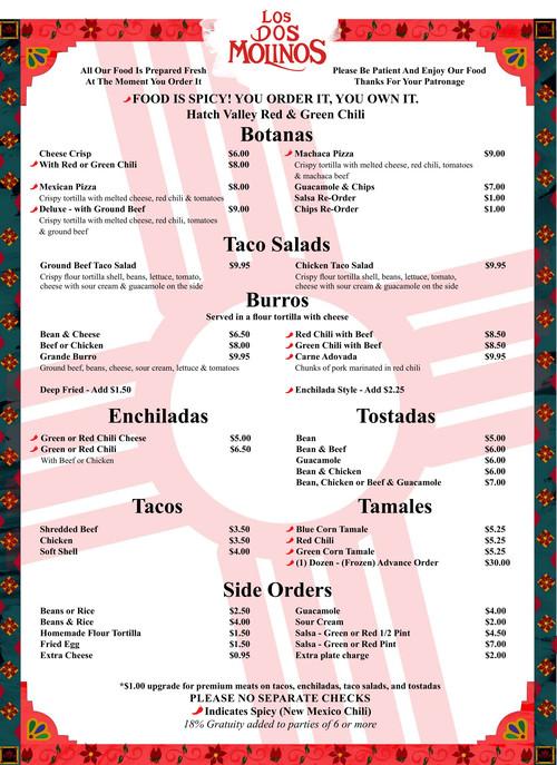 Los Dos Molinos menu in Phoenix, Arizona, USA