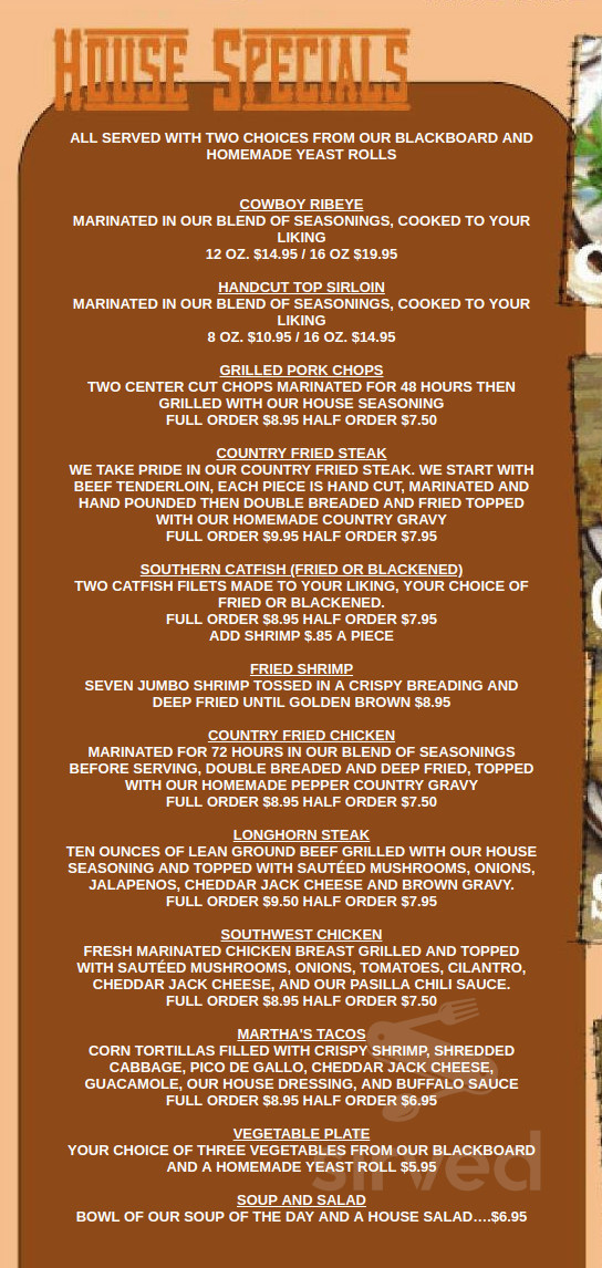 Longhorn Cafe menu in Harper, Texas, USA