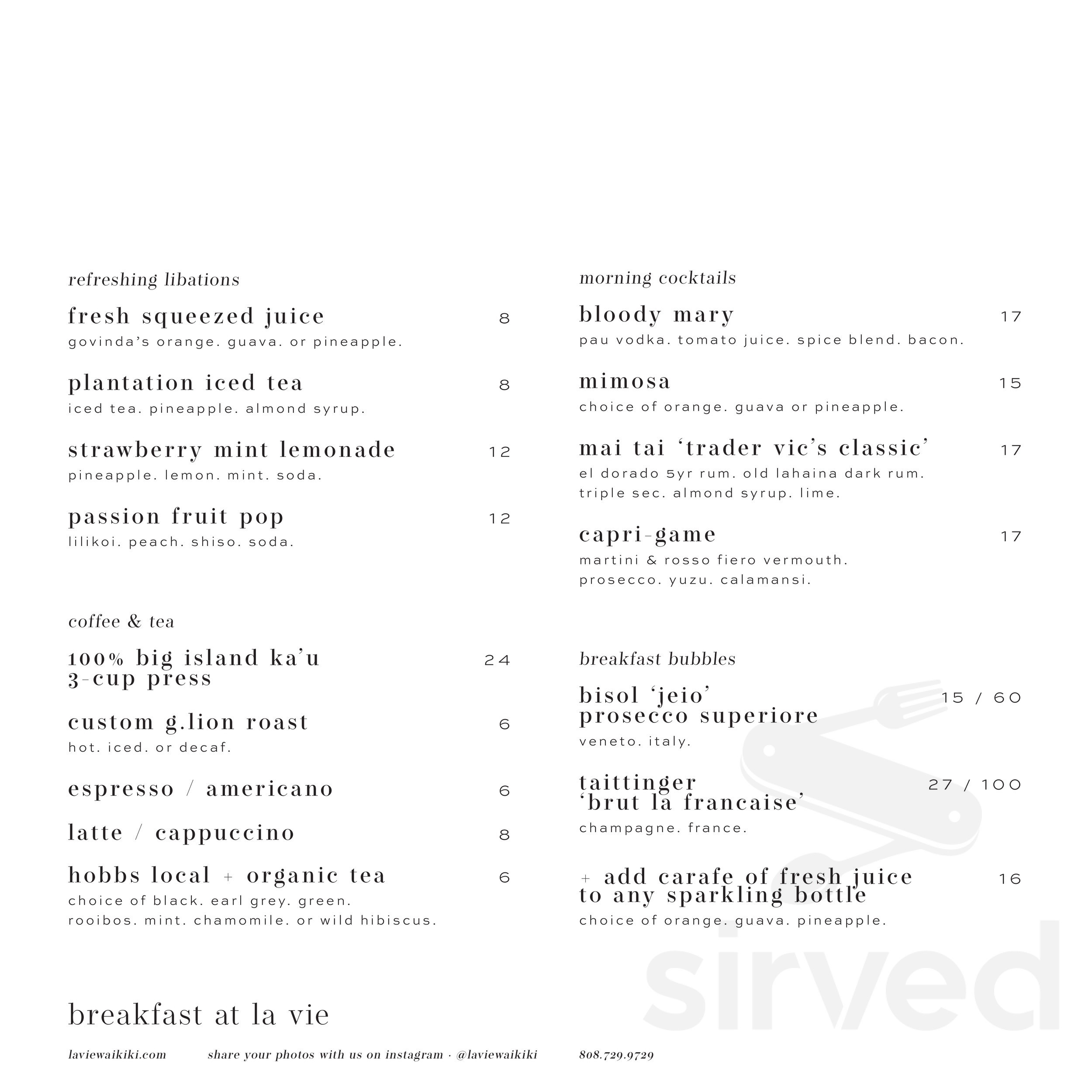 La Vie menu in Honolulu, Hawaii, USA