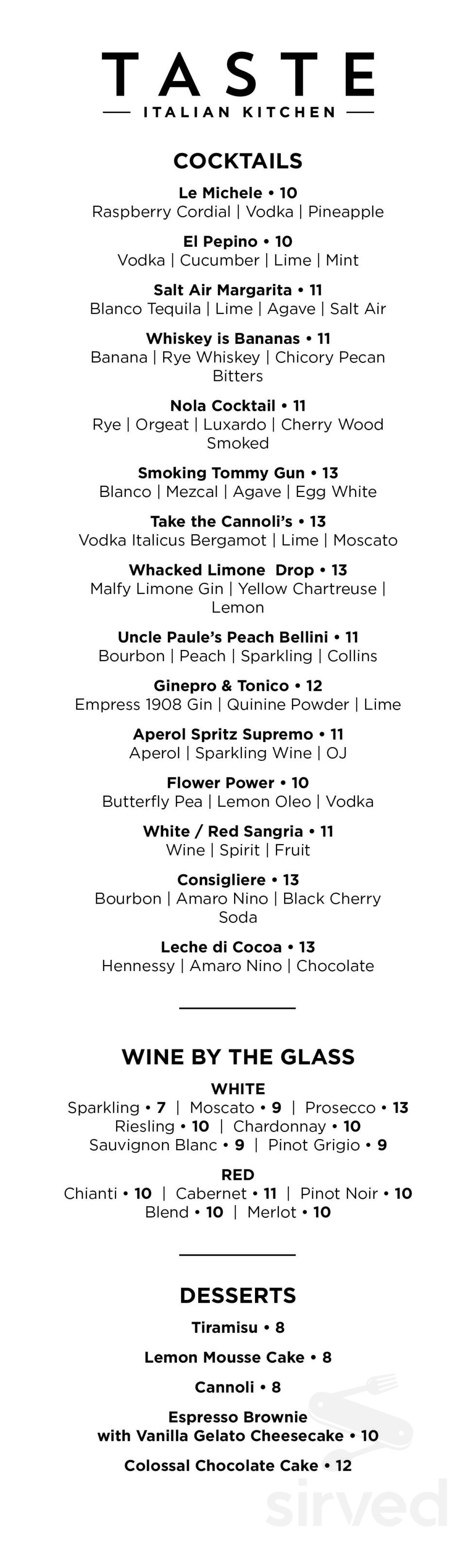 TASTE Italian Kitchen menu in Starkville, Mississippi, USA