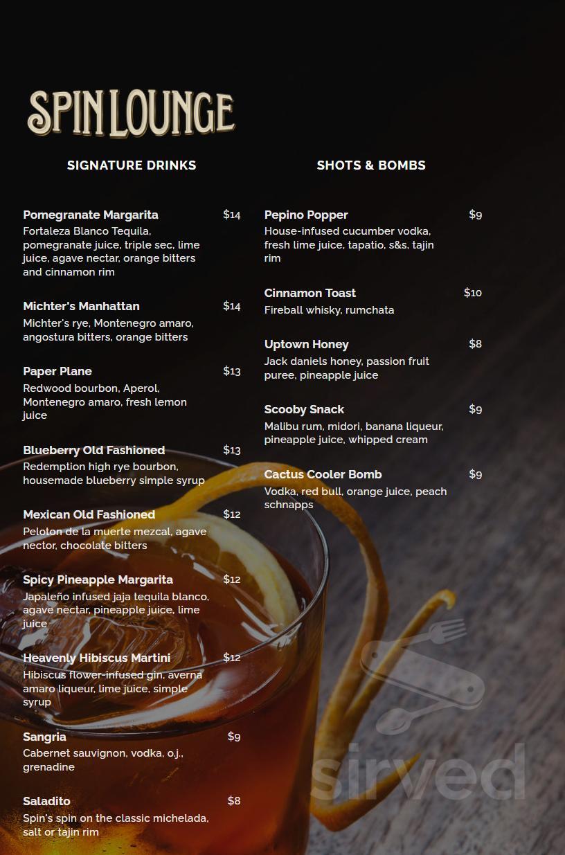 Menu - Whittier CA's Spin Lounge | Sirved