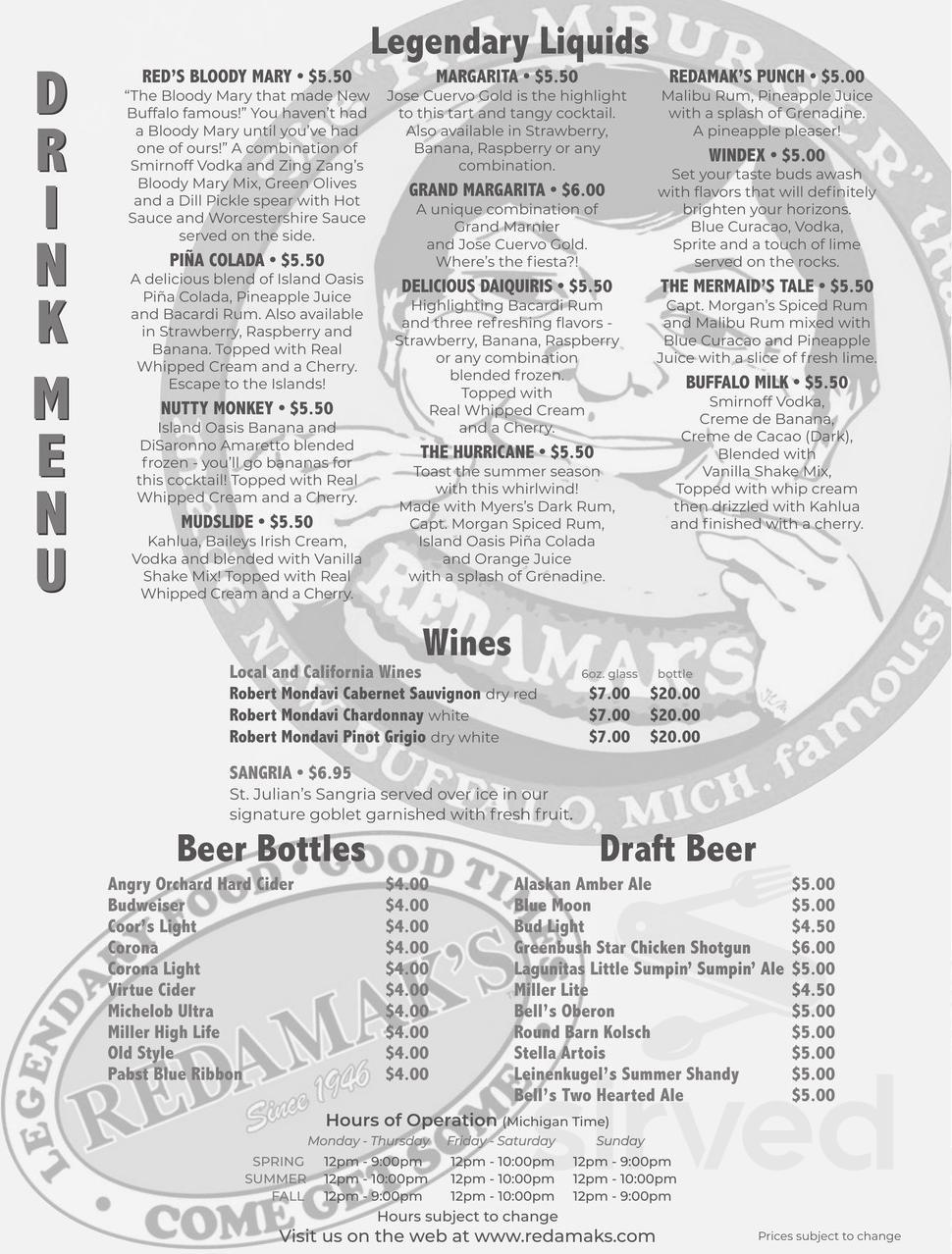 Redamak's menu in New Buffalo, Michigan, USA