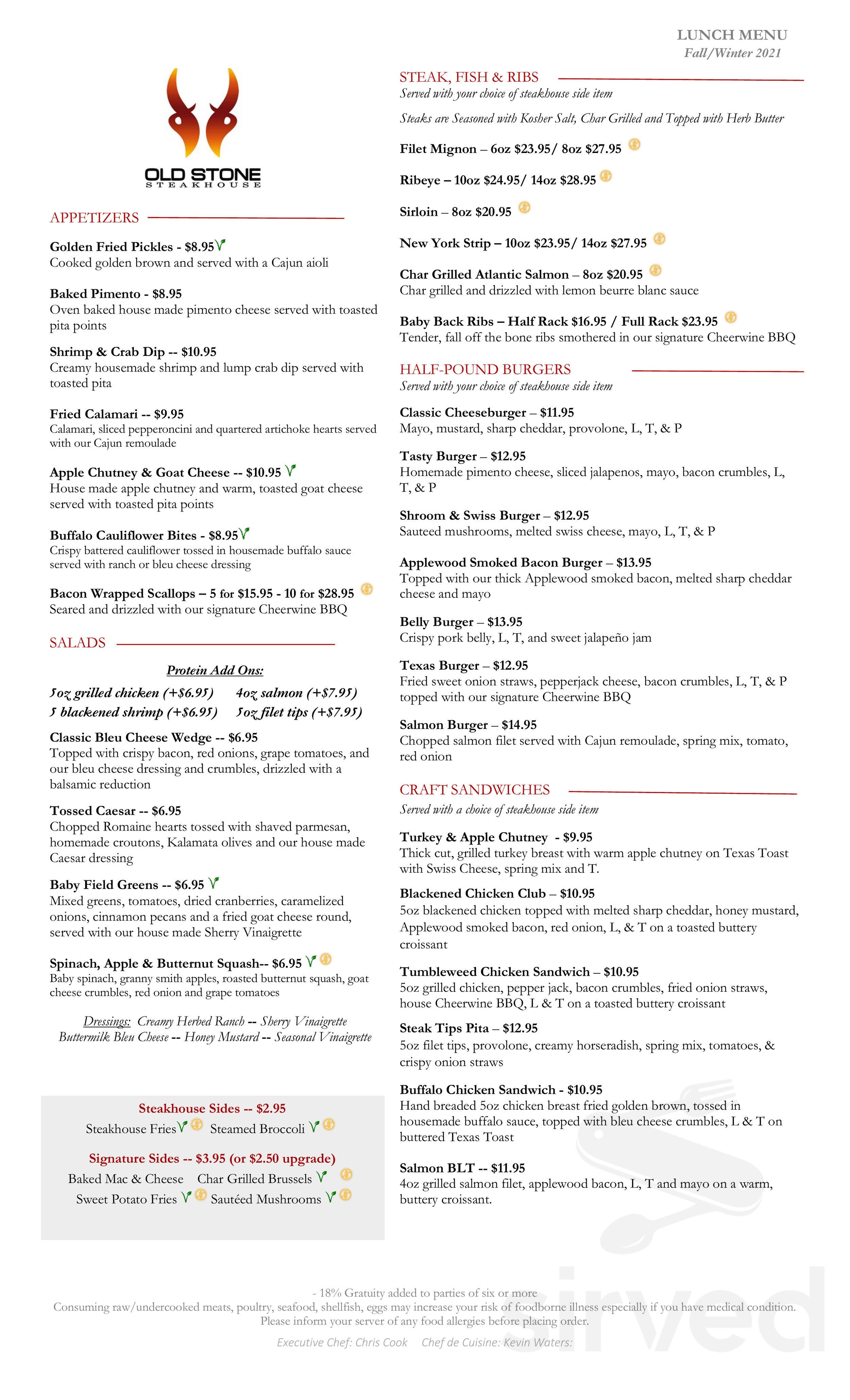 Old Stone Steakhouse menu in Belmont, North Carolina, USA