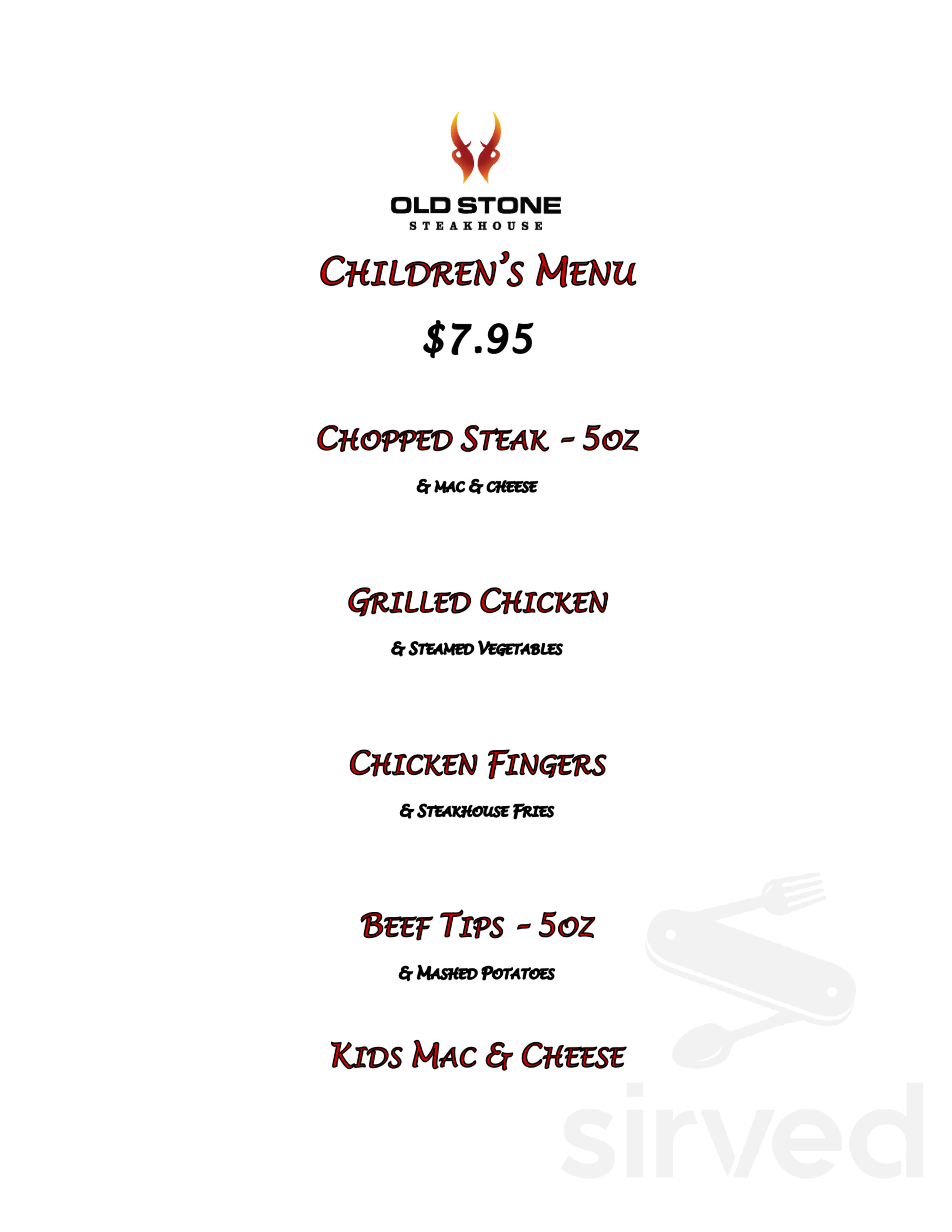 Old Stone Steakhouse menu in Belmont, North Carolina, USA