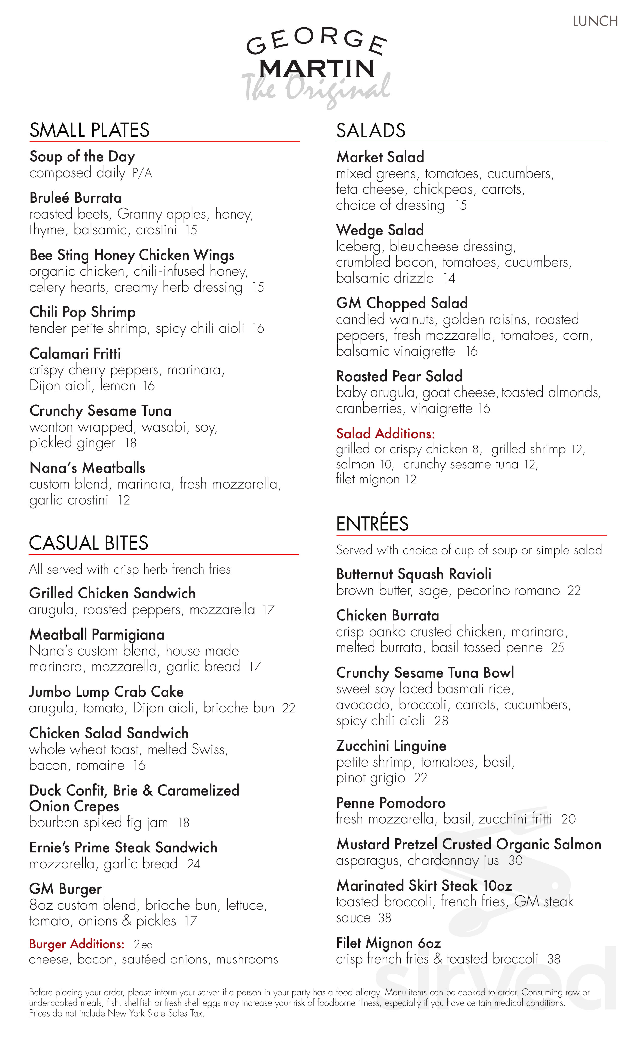 Menu for George Martin The Original in Rockville Centre, NY | Sirved