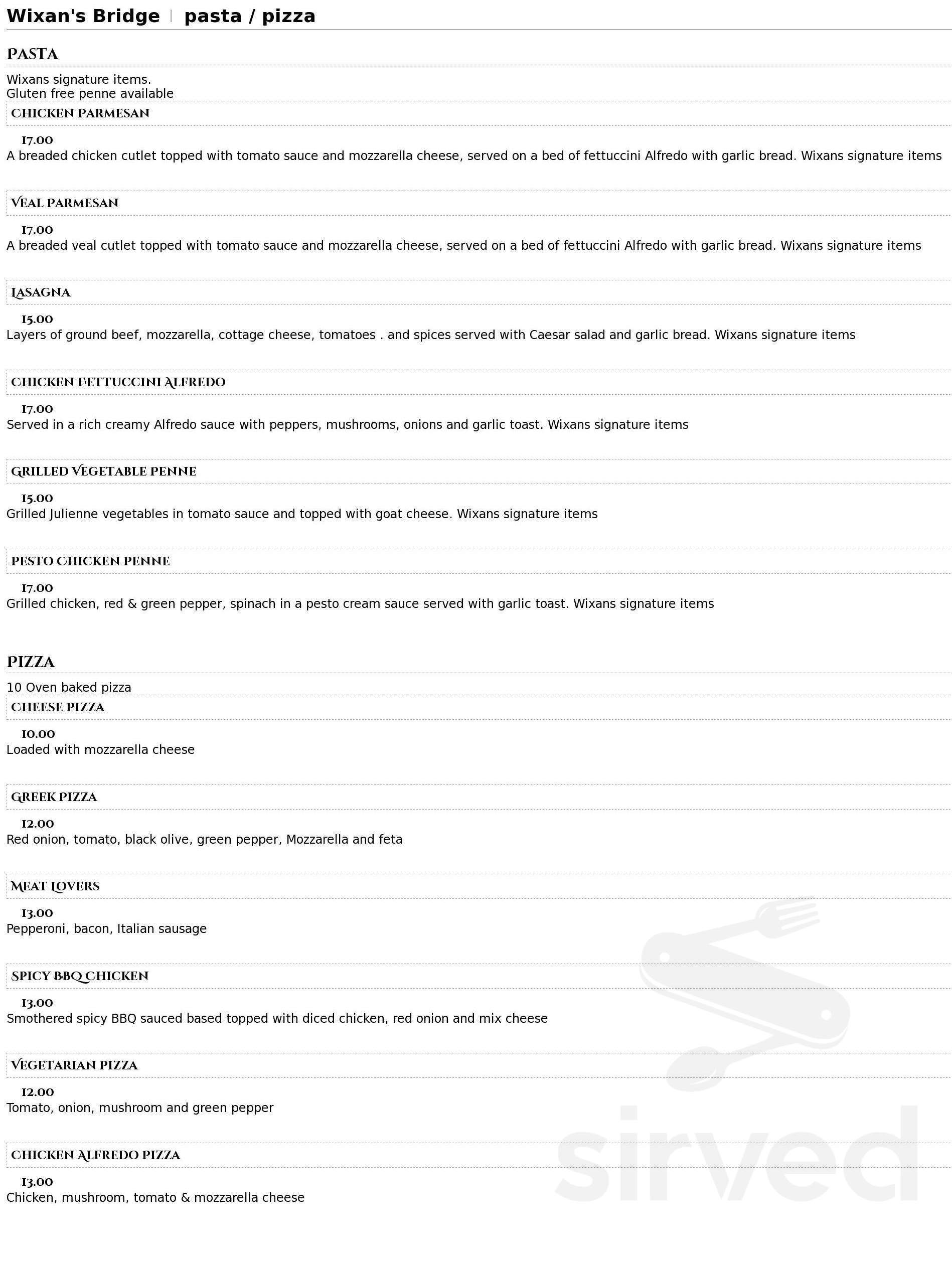 Menu - Uxbridge ON's Wixan's Bridge Restaurant | Sirved
