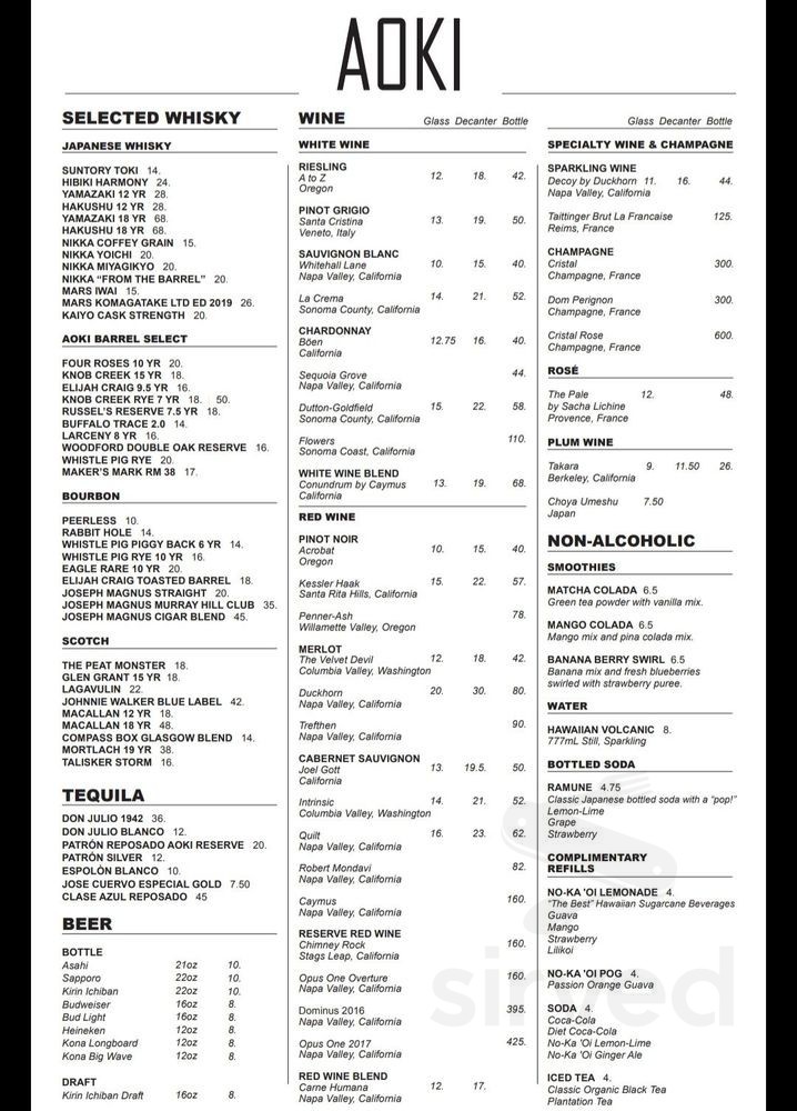 Aoki Teppanyaki Waikiki menu in Honolulu, Hawaii, USA