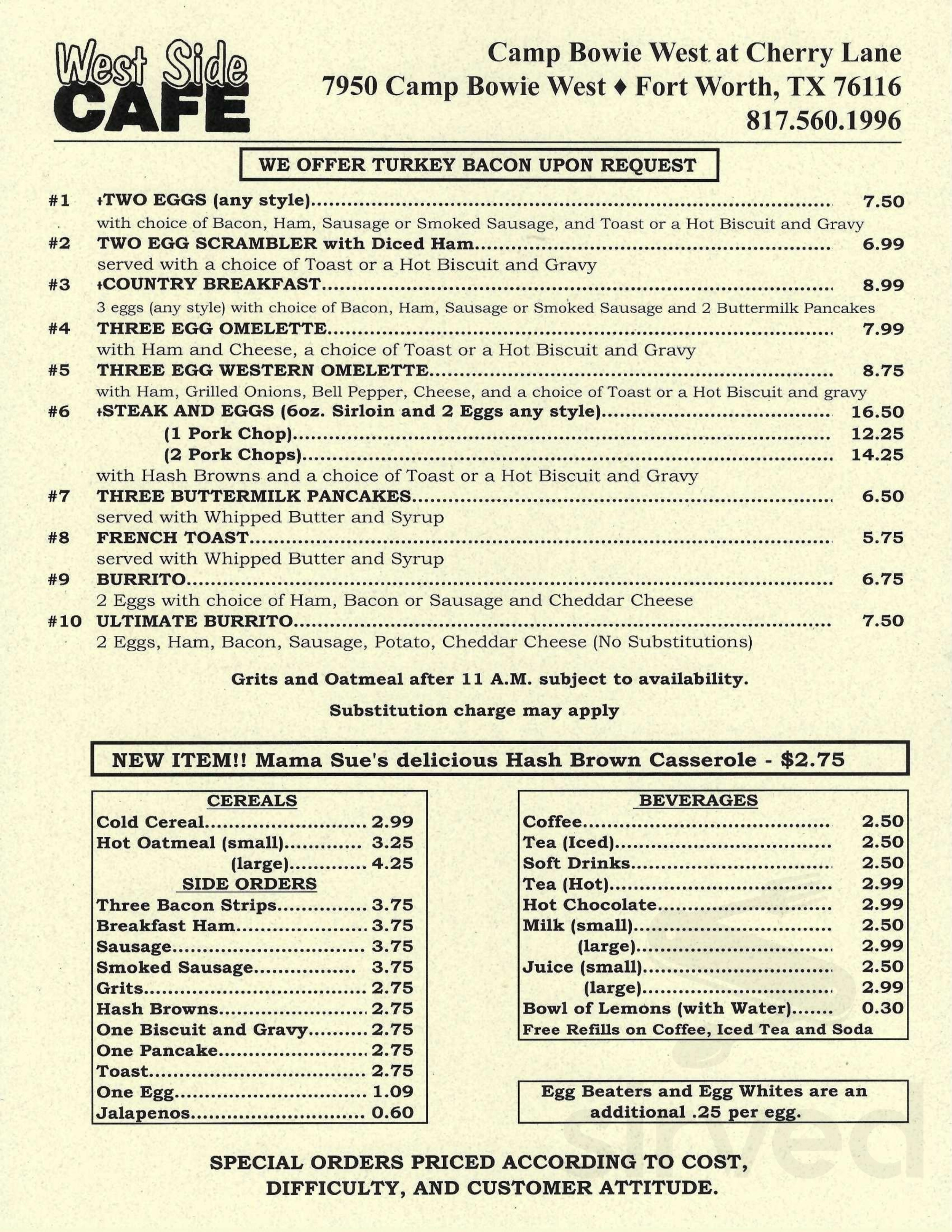 West Side Cafe Menus In Fort Worth Texas United States