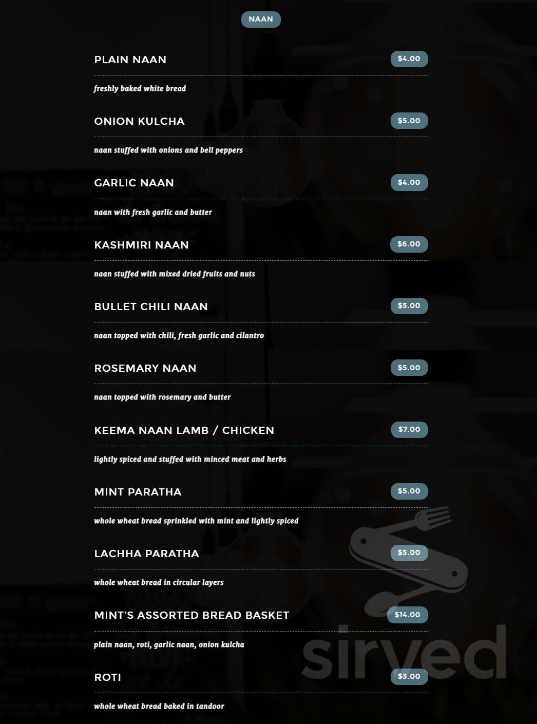 The Mint Room menu in Bel Air, Maryland, USA