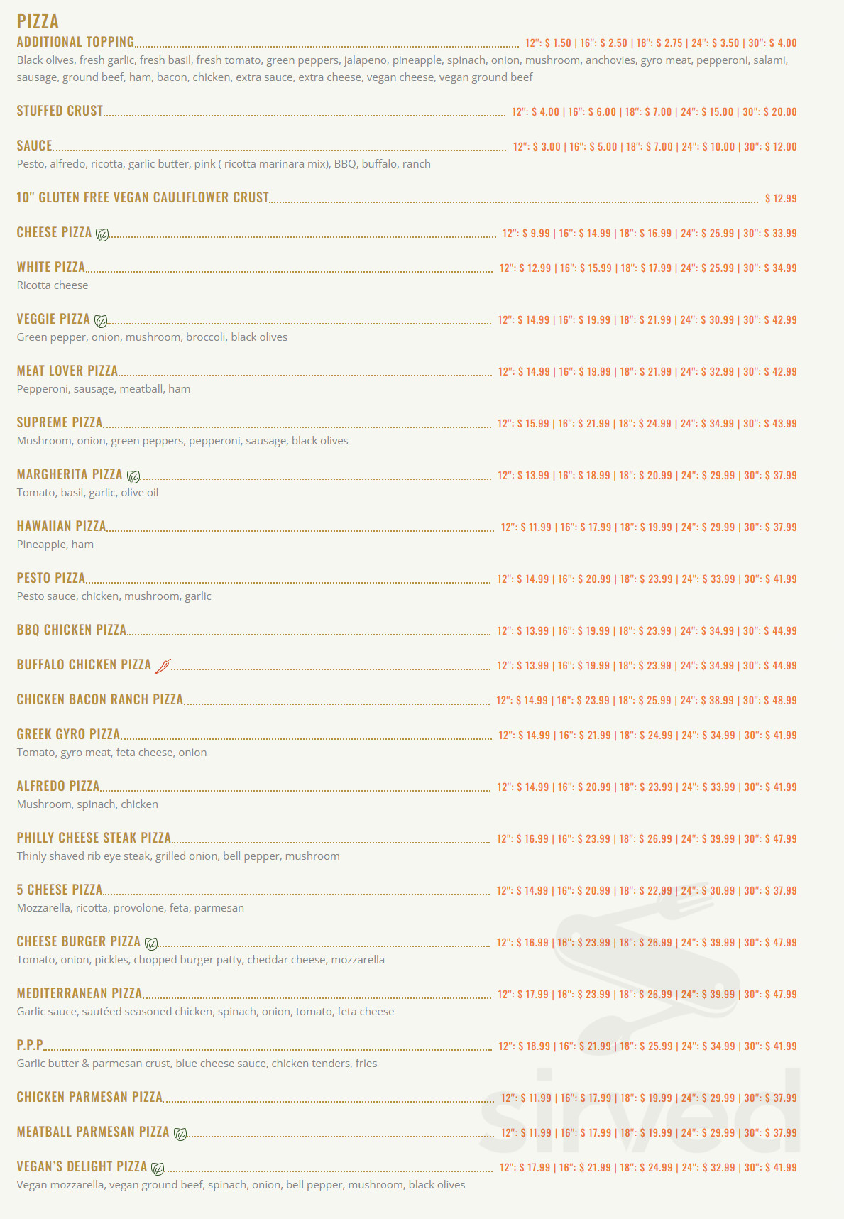 Pizza Place menu in Las Vegas, Nevada, USA