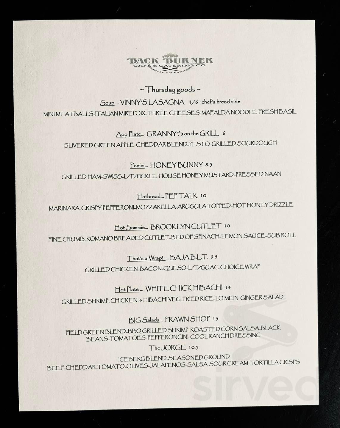 Menu - Dunmore PA's BackBurner Cafe & Catering Co. | Sirved