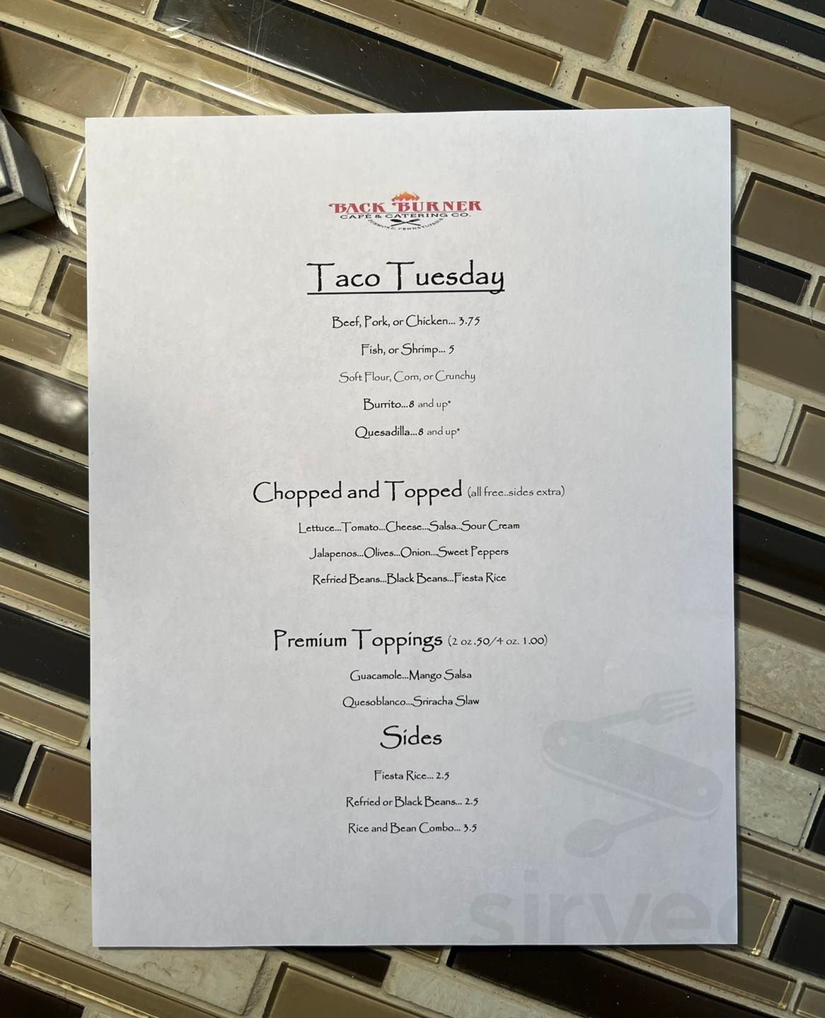 Menu - Dunmore PA's BackBurner Cafe & Catering Co. | Sirved
