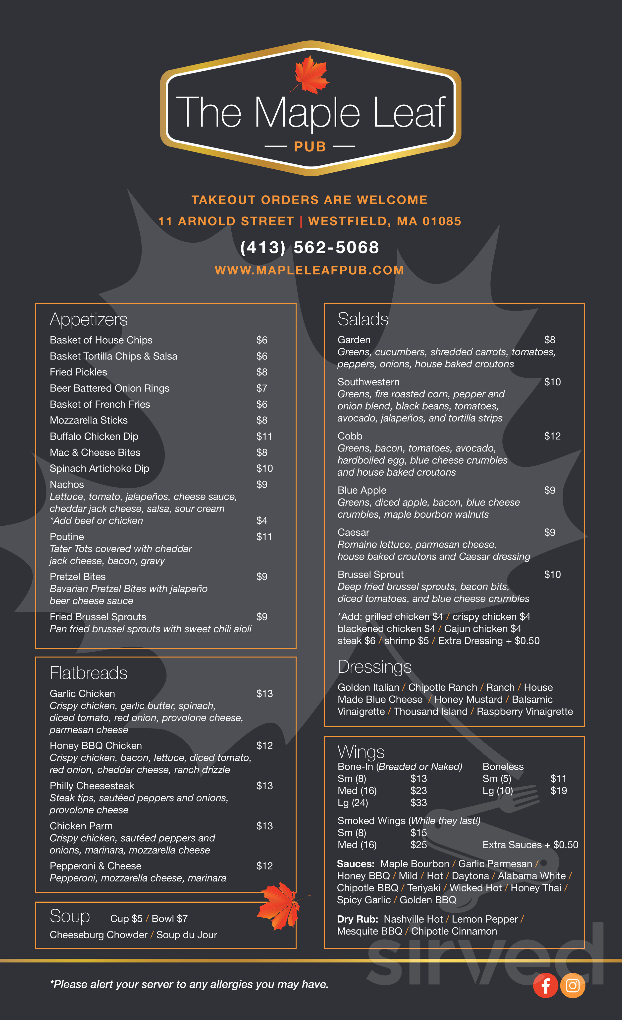 The Maple Leaf Pub menus in Westfield, Massachusetts, United States