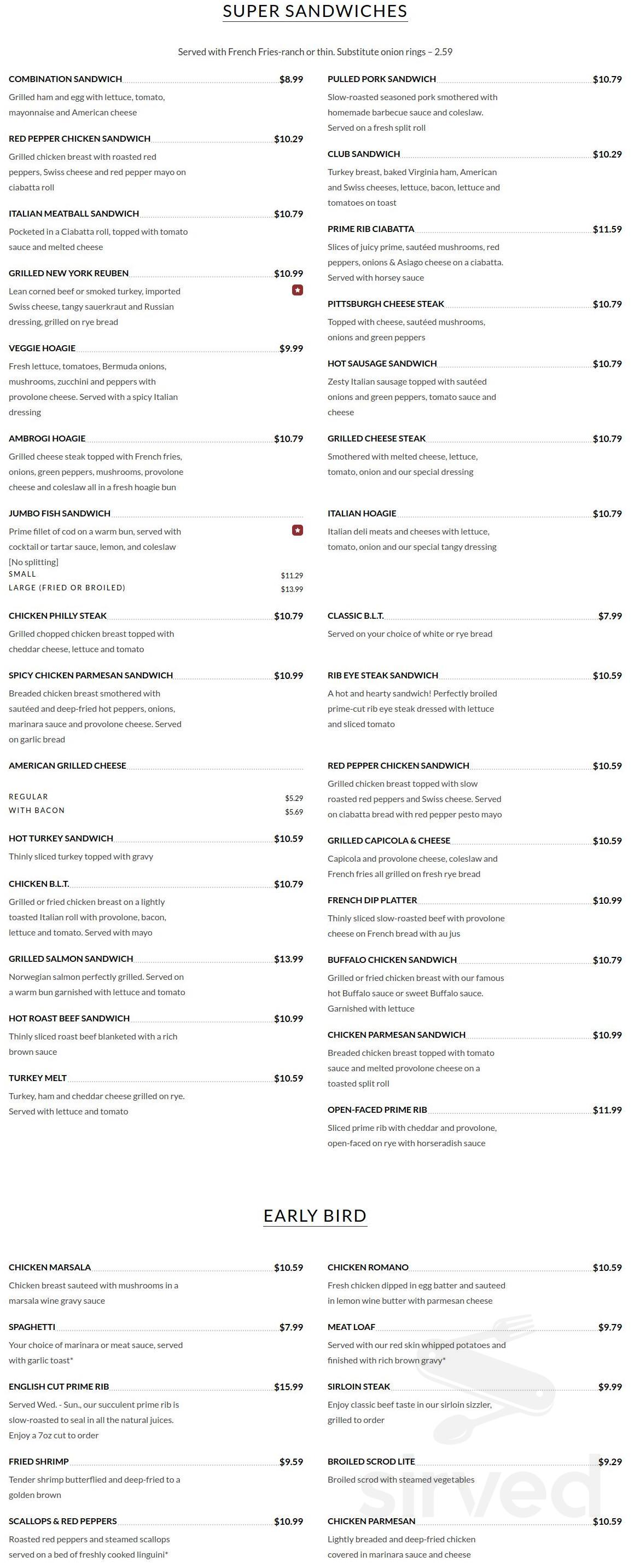 Al's Cafe menu in Bethel Park, Pennsylvania, USA