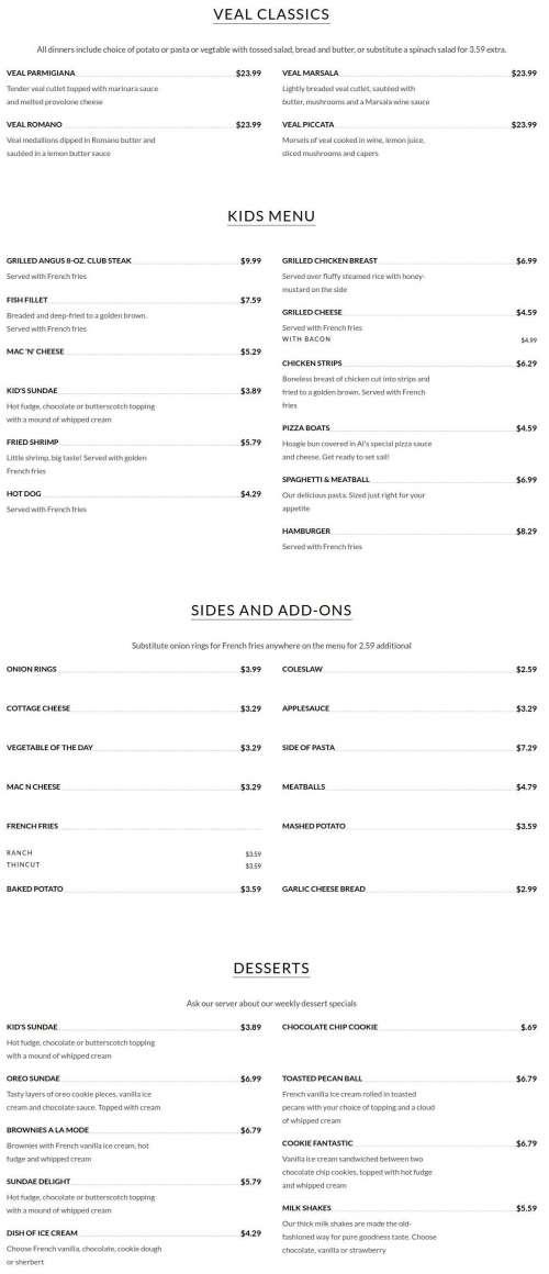Al's Cafe menu in Bethel Park, Pennsylvania, USA