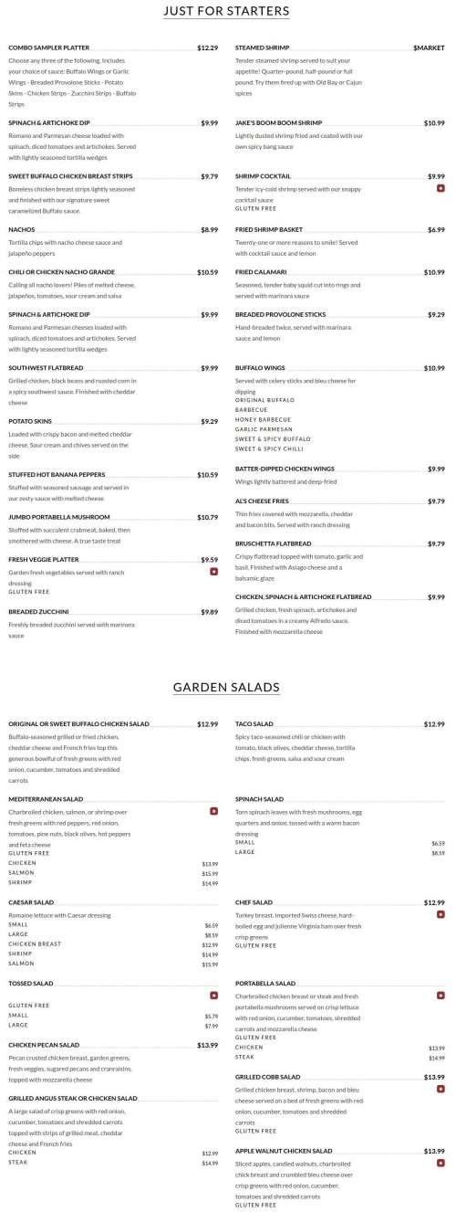 Al's Cafe menu in Bethel Park, Pennsylvania, USA