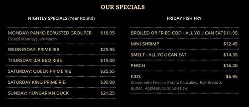 The Duck Inn Supper Club menu in Delavan, Wisconsin, USA