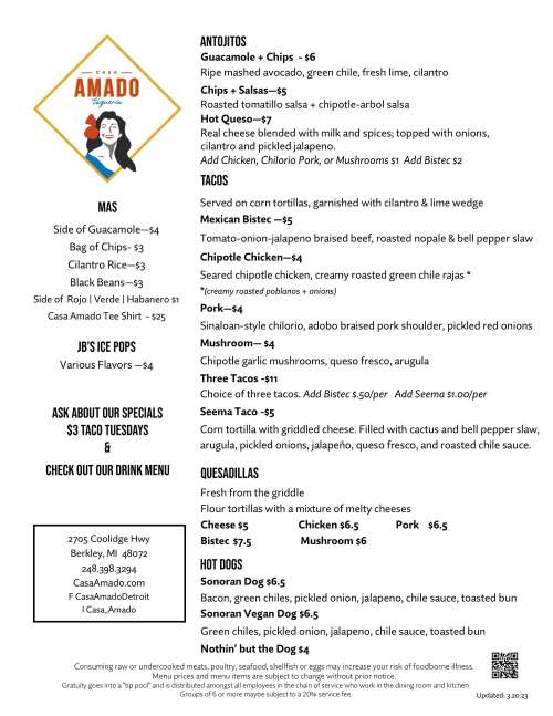 Casa Amado Taqueria menu in Berkley, Michigan, USA