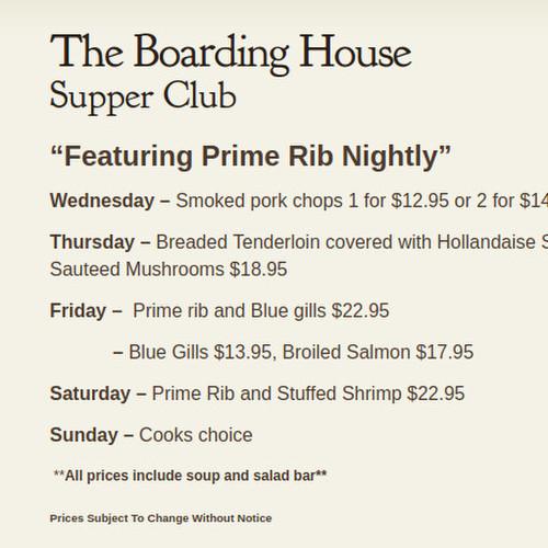 The Boarding House Supper Club menu in Suring, Wisconsin, USA