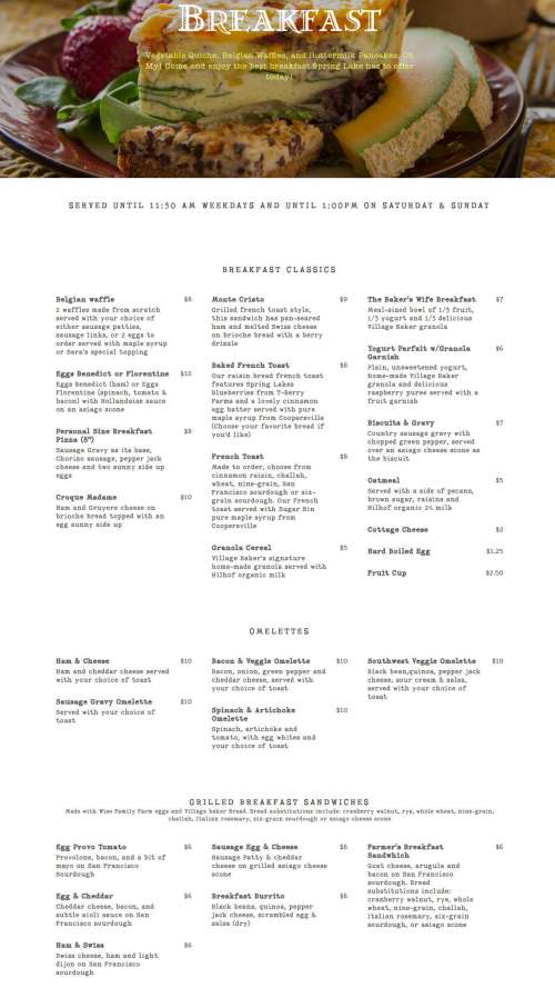 Village Baker menu in Spring Lake, Michigan, USA