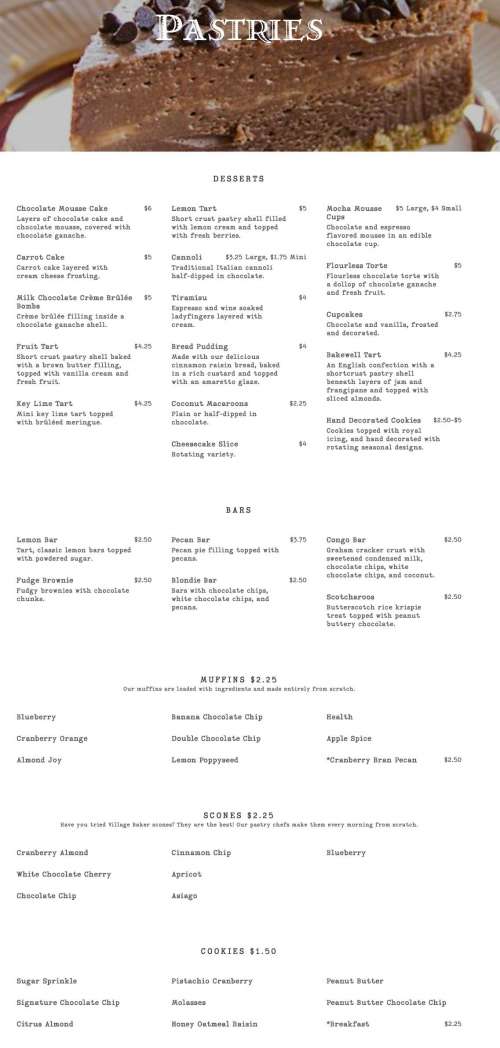 Village Baker menu in Spring Lake, Michigan, USA
