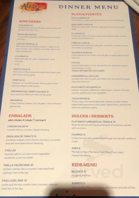 Menu - Long Beach CA's Alegria Nightclub | Sirved