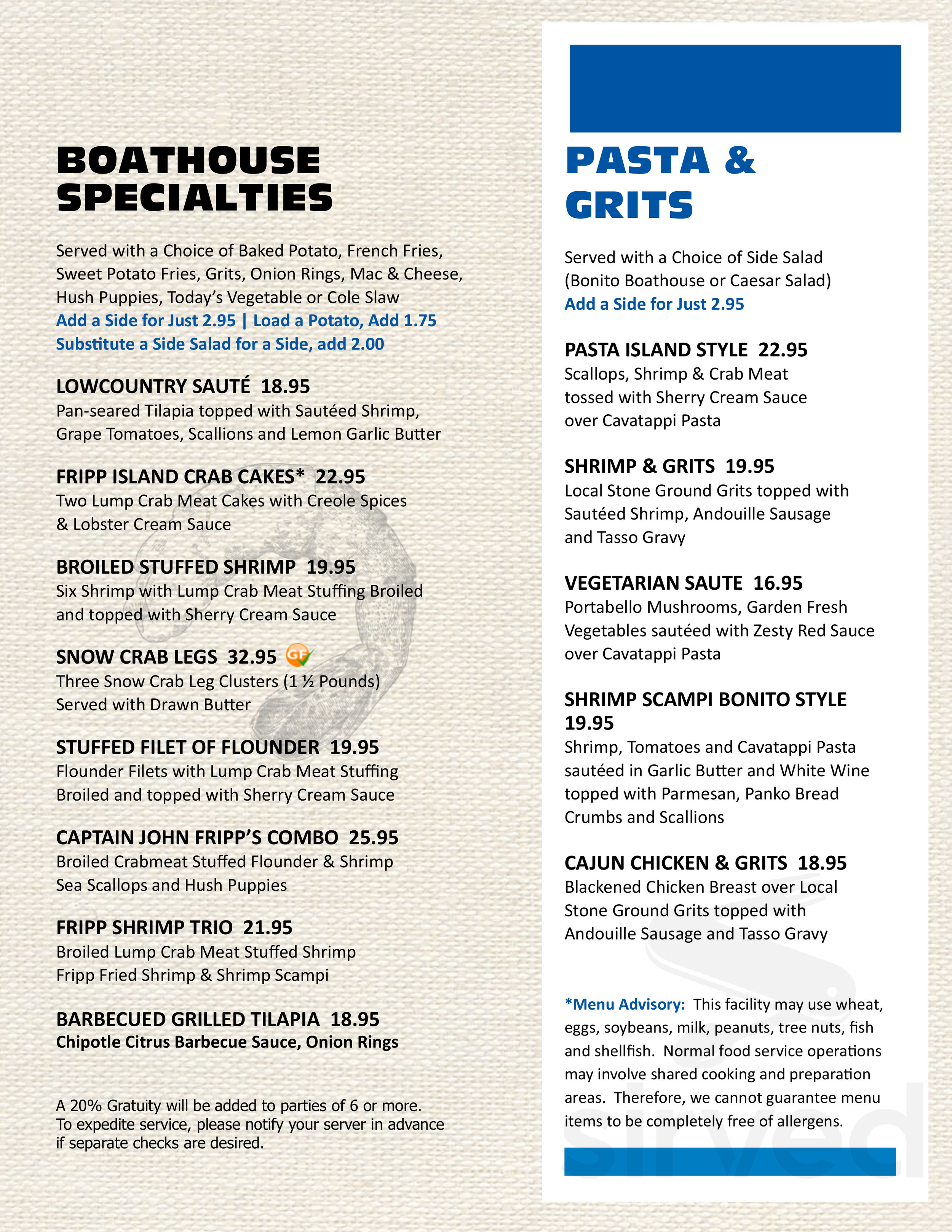 Bonito Boathouse Restaurant menu in Fripp Island, South Carolina, USA