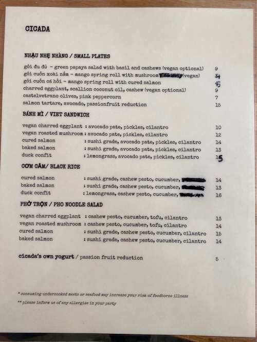Cicada menu in Cambridge, Massachusetts, USA