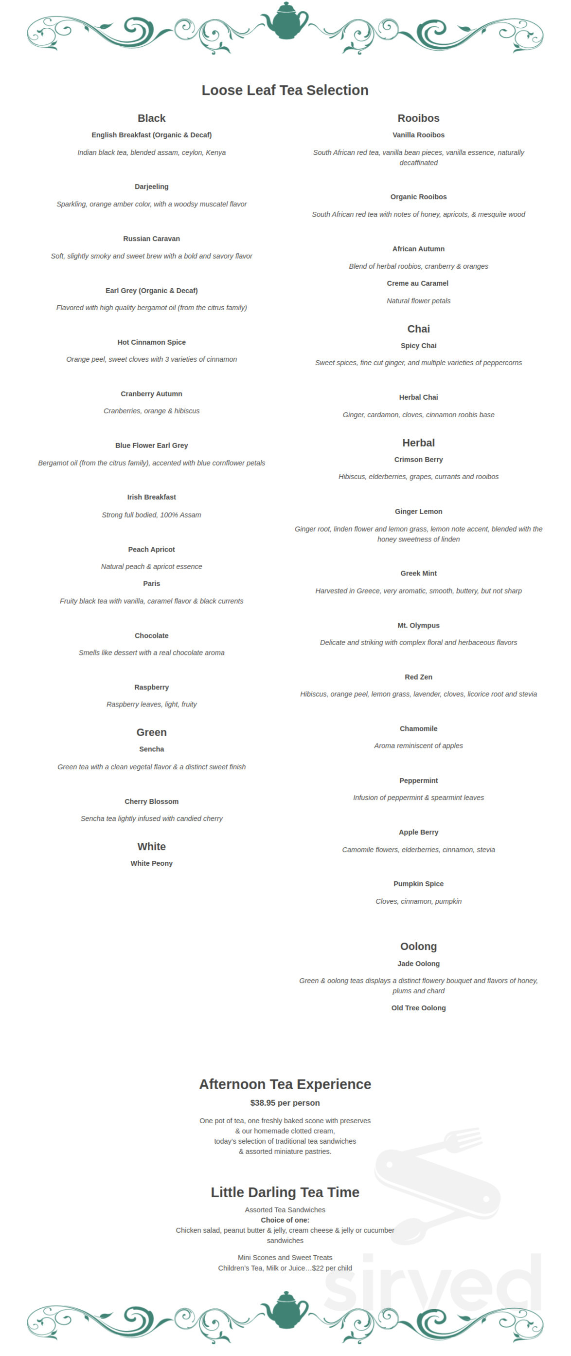 Wenham Tea House menu in Wenham, Massachusetts, USA