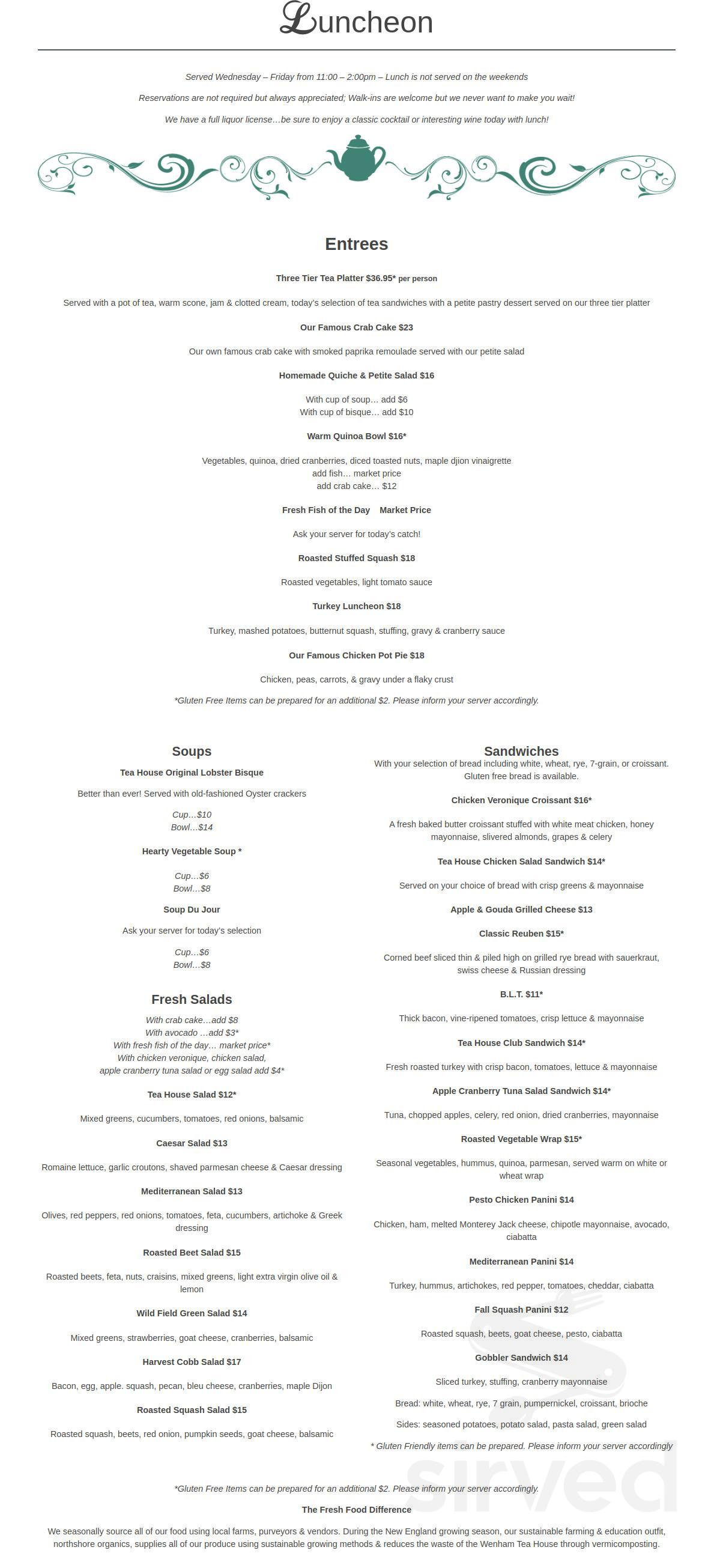 Wenham Tea House menu in Wenham, Massachusetts, USA