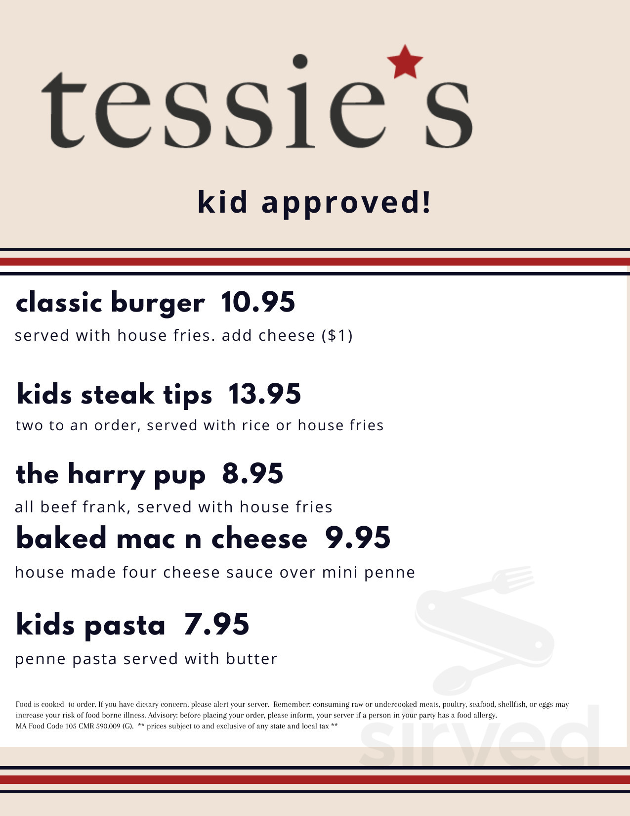 Tessie's Bar & Kitchen menu in Walpole, Massachusetts, USA