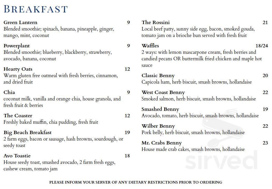 Currents Restaurant menu in Ucluelet, British Columbia, Canada