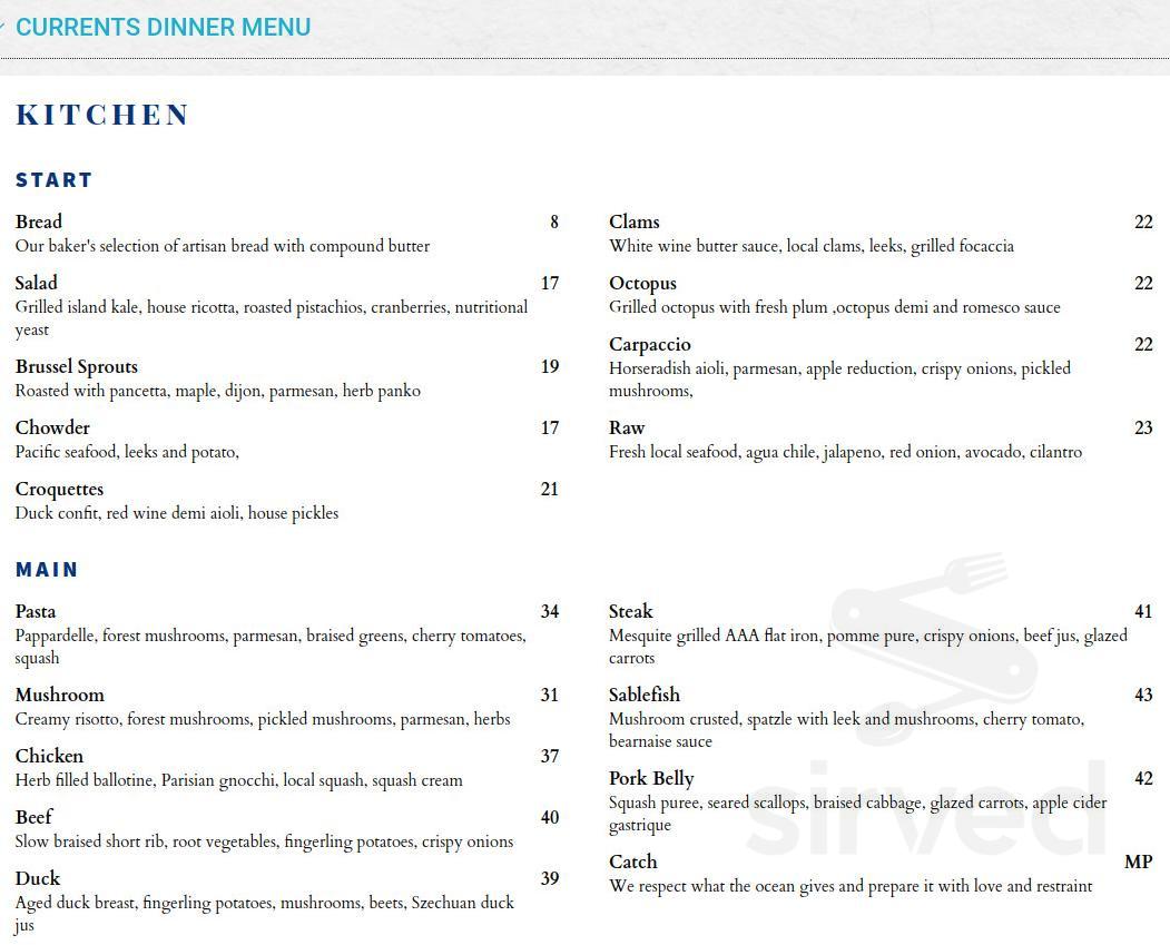 Currents Restaurant menu in Ucluelet, British Columbia, Canada