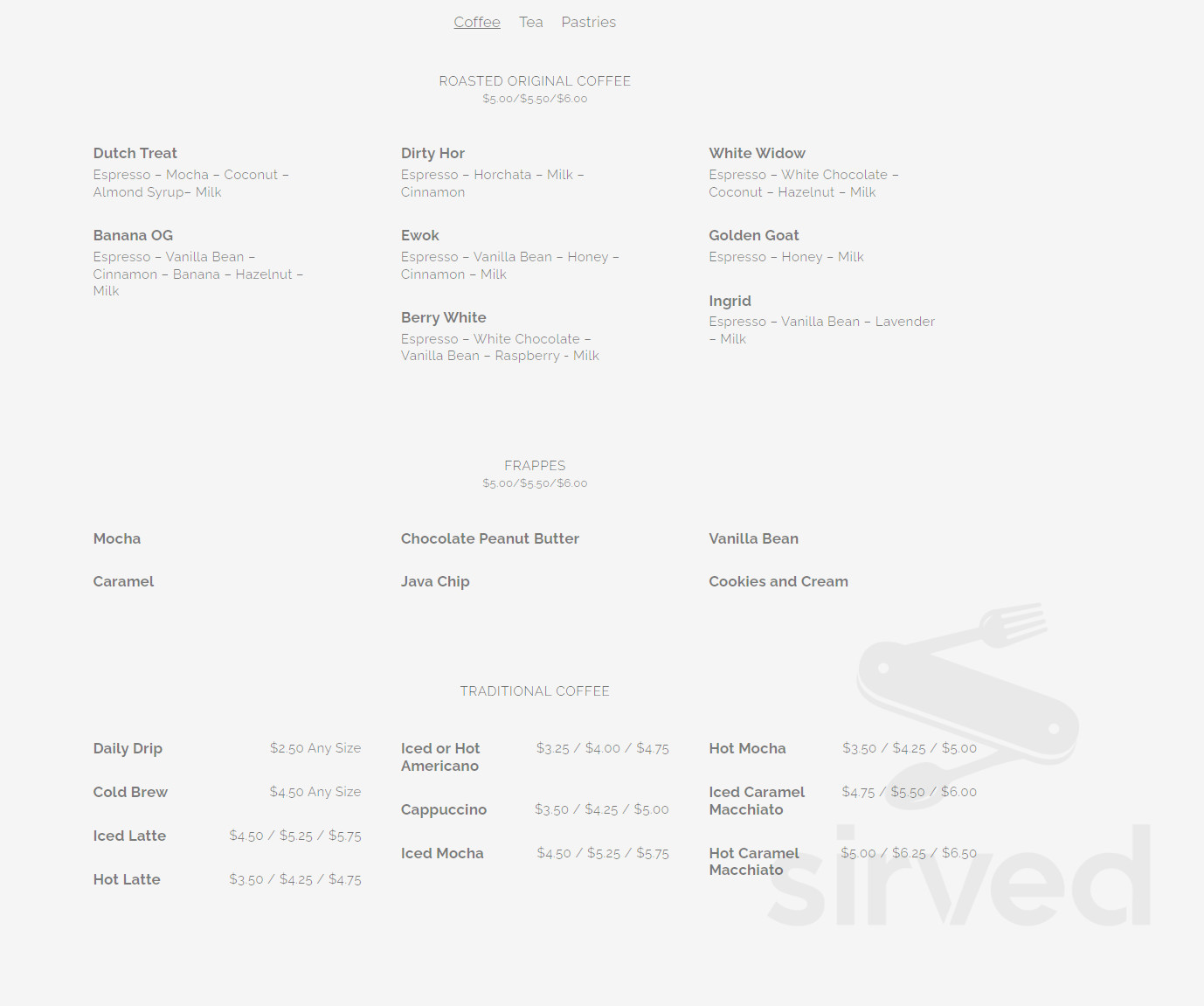 Roasted Coffee Shop Inc menu in Corpus Christi, Texas, USA