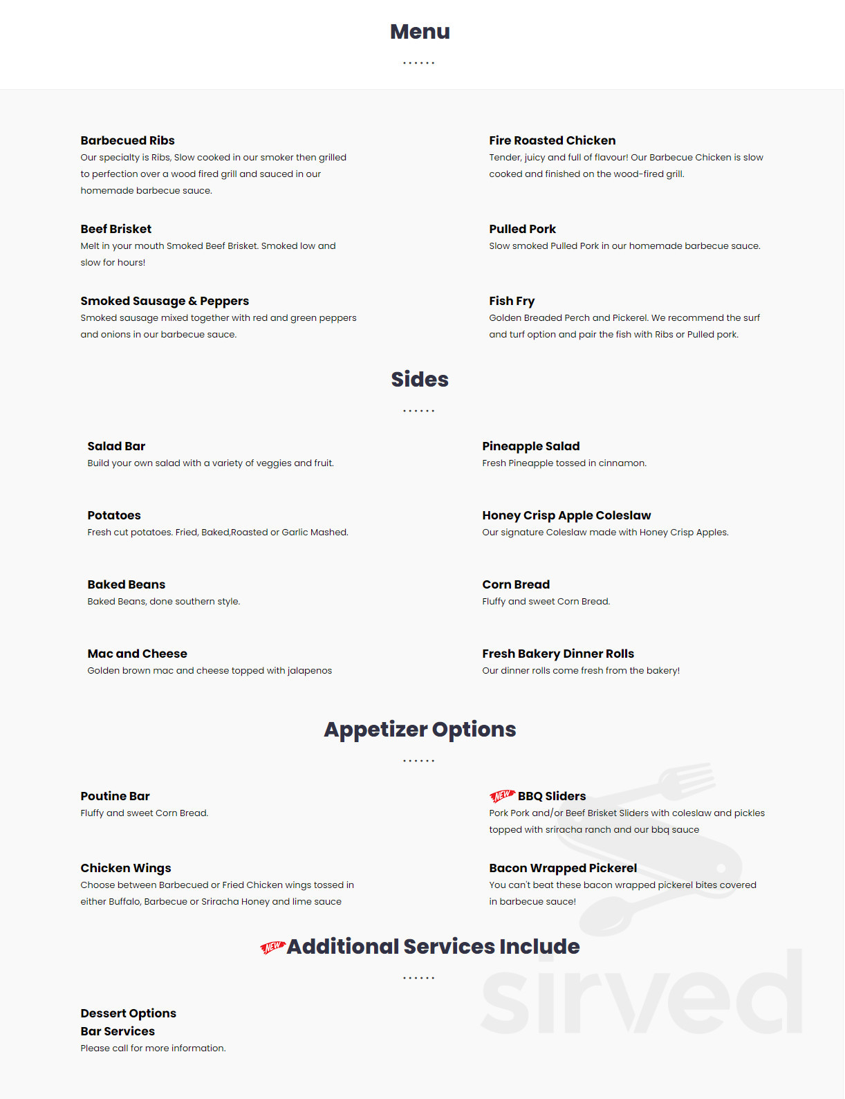 Menu for Backroad Barbecue Company in Port Colborne, ON | Sirved