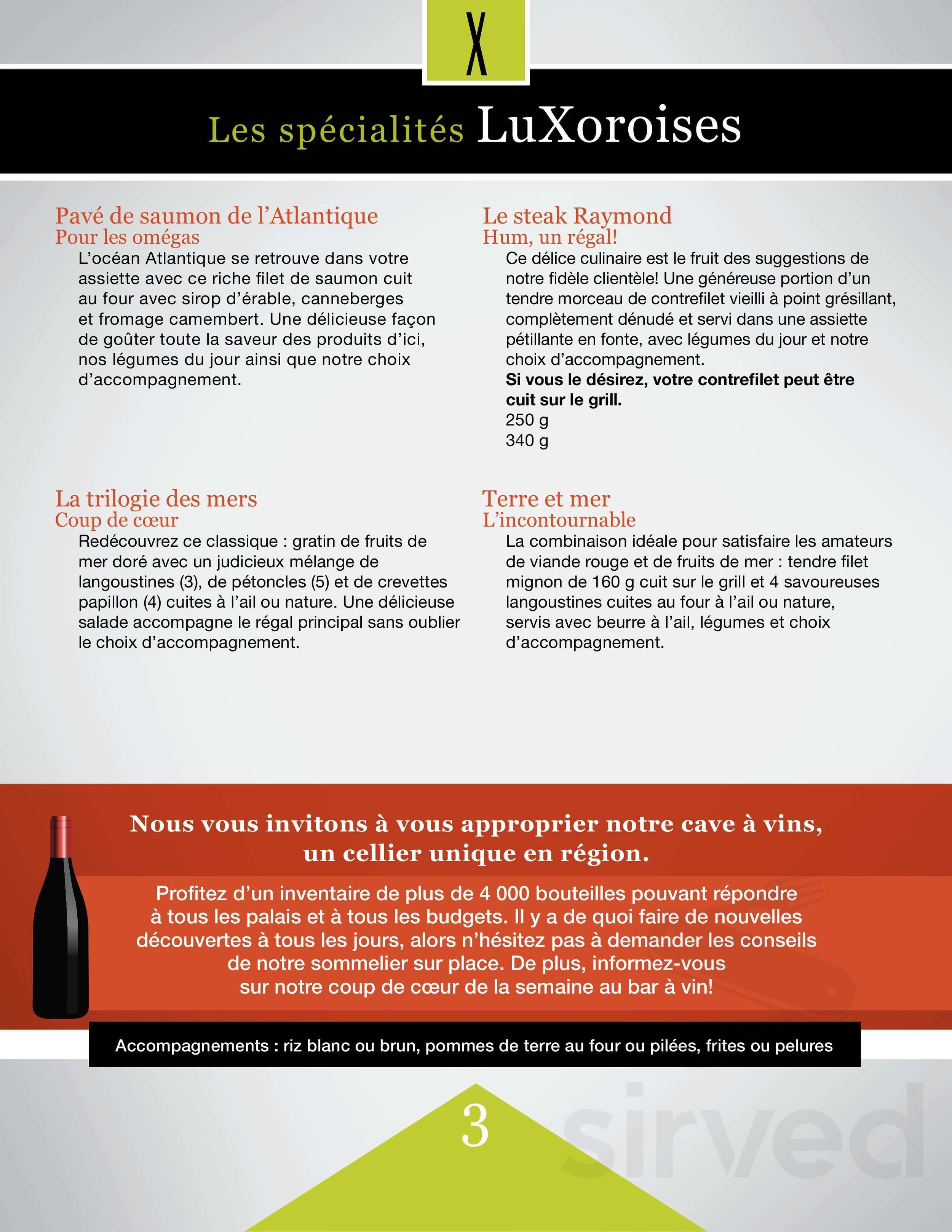 Luxor menus in Victoriaville, Quebec, Canada