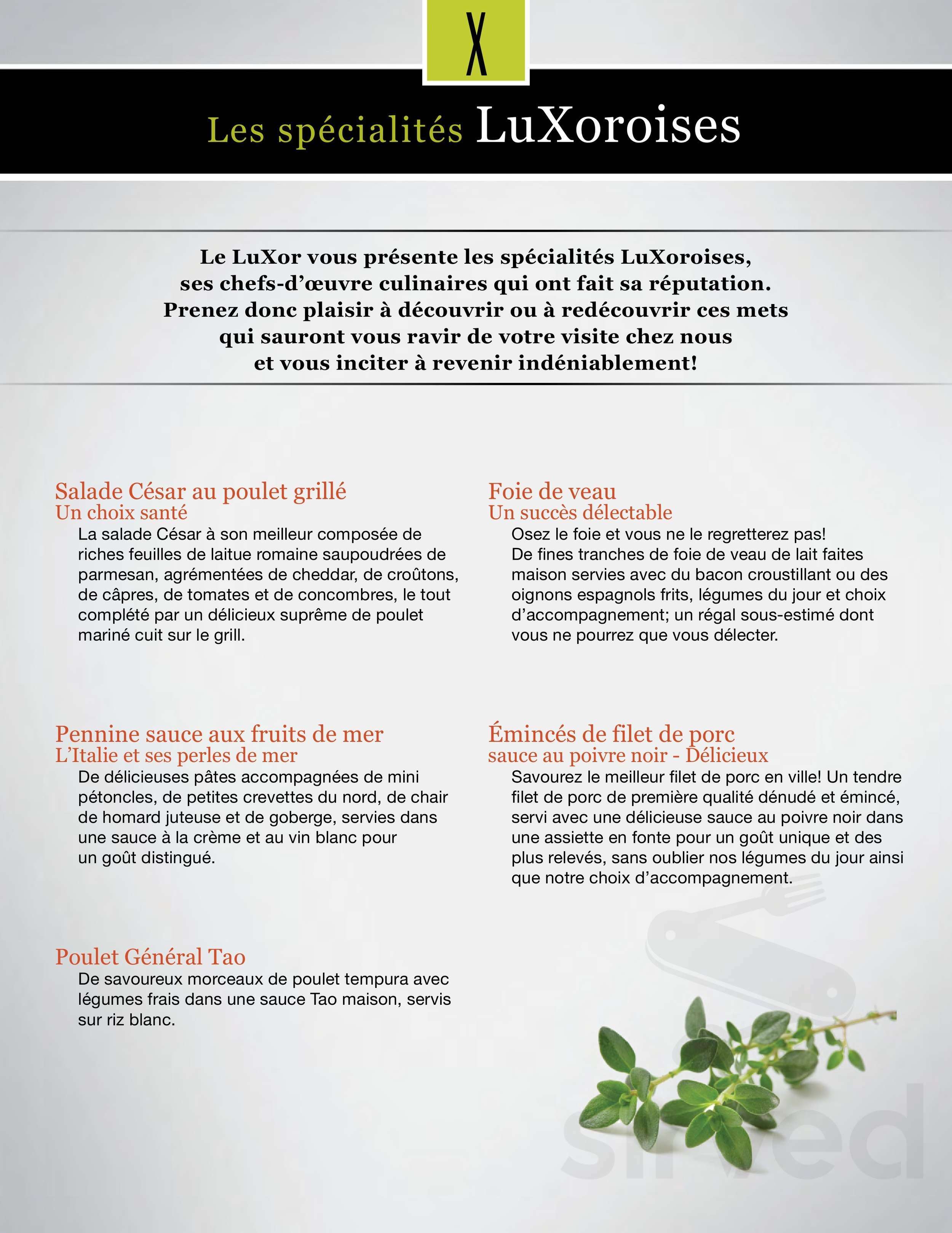 Luxor menus in Victoriaville, Quebec, Canada