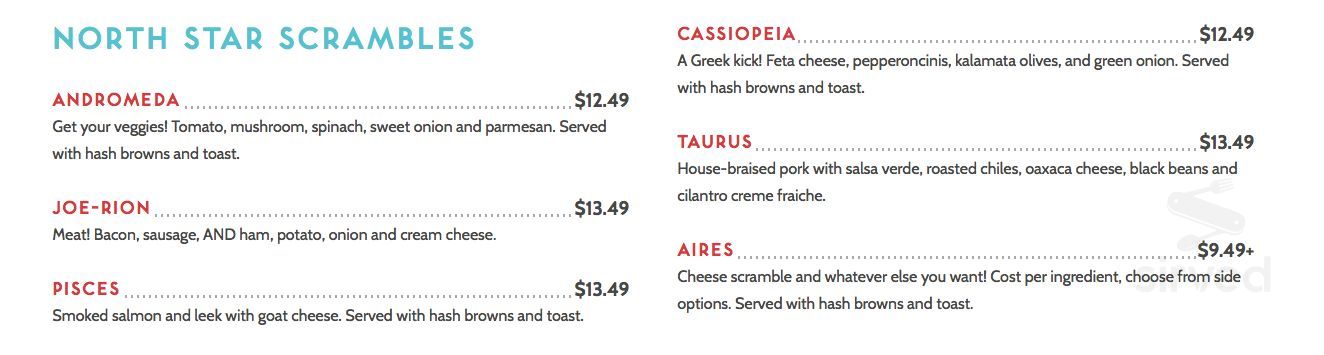 North Star Diner menu in Seattle, Washington, USA